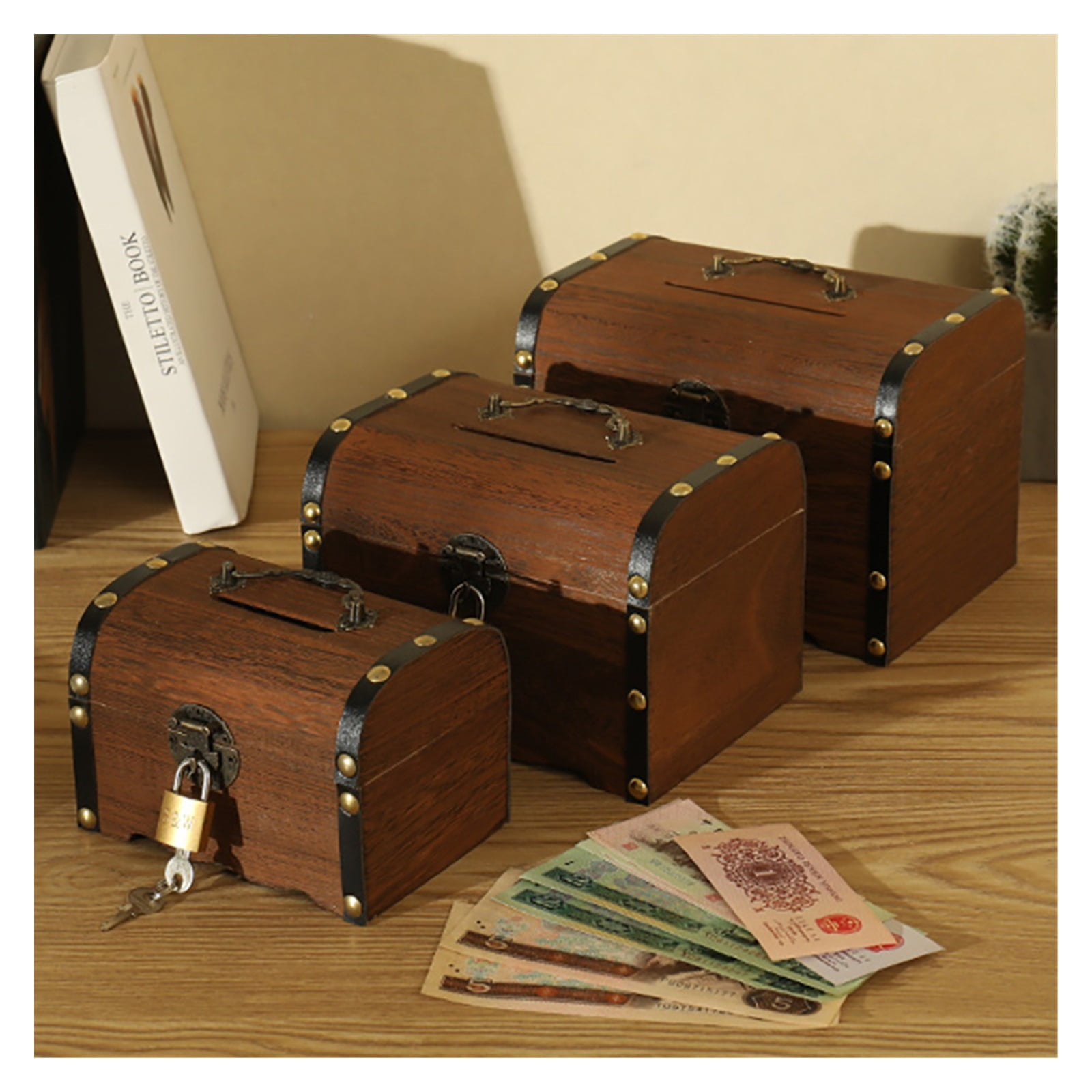 1PC Wooden Piggy Bank Safe Money Box Savings Wood Carving Handmade ...