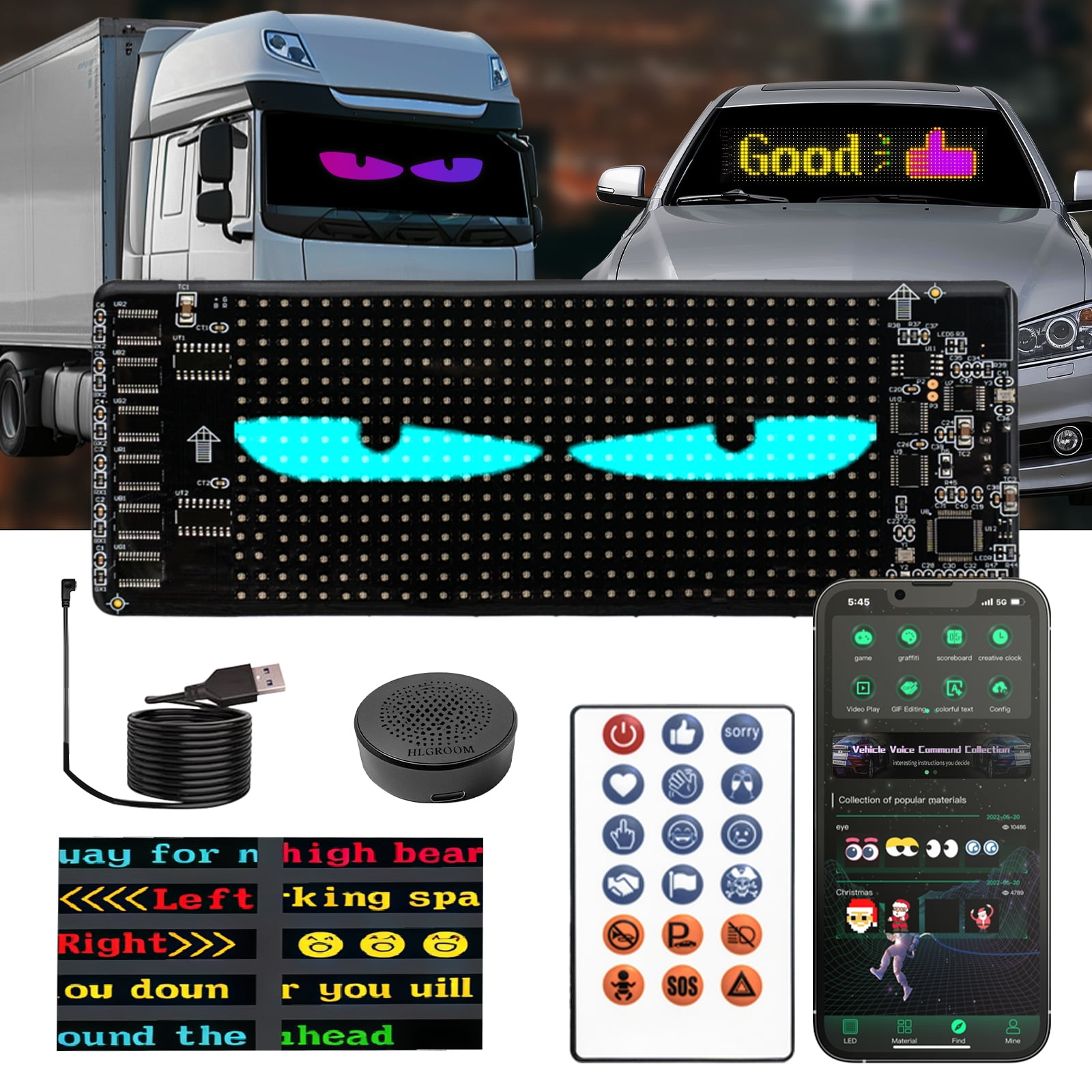 1PC led matrix panel car eyes 7.09"x2.76" windshield eyes animated led ...
