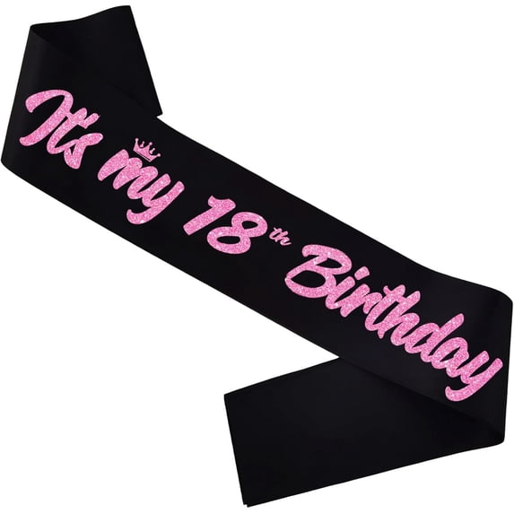 1PCS 18th Birthday Sash, Black Satin Sash with Pink Glitter Lettering ...