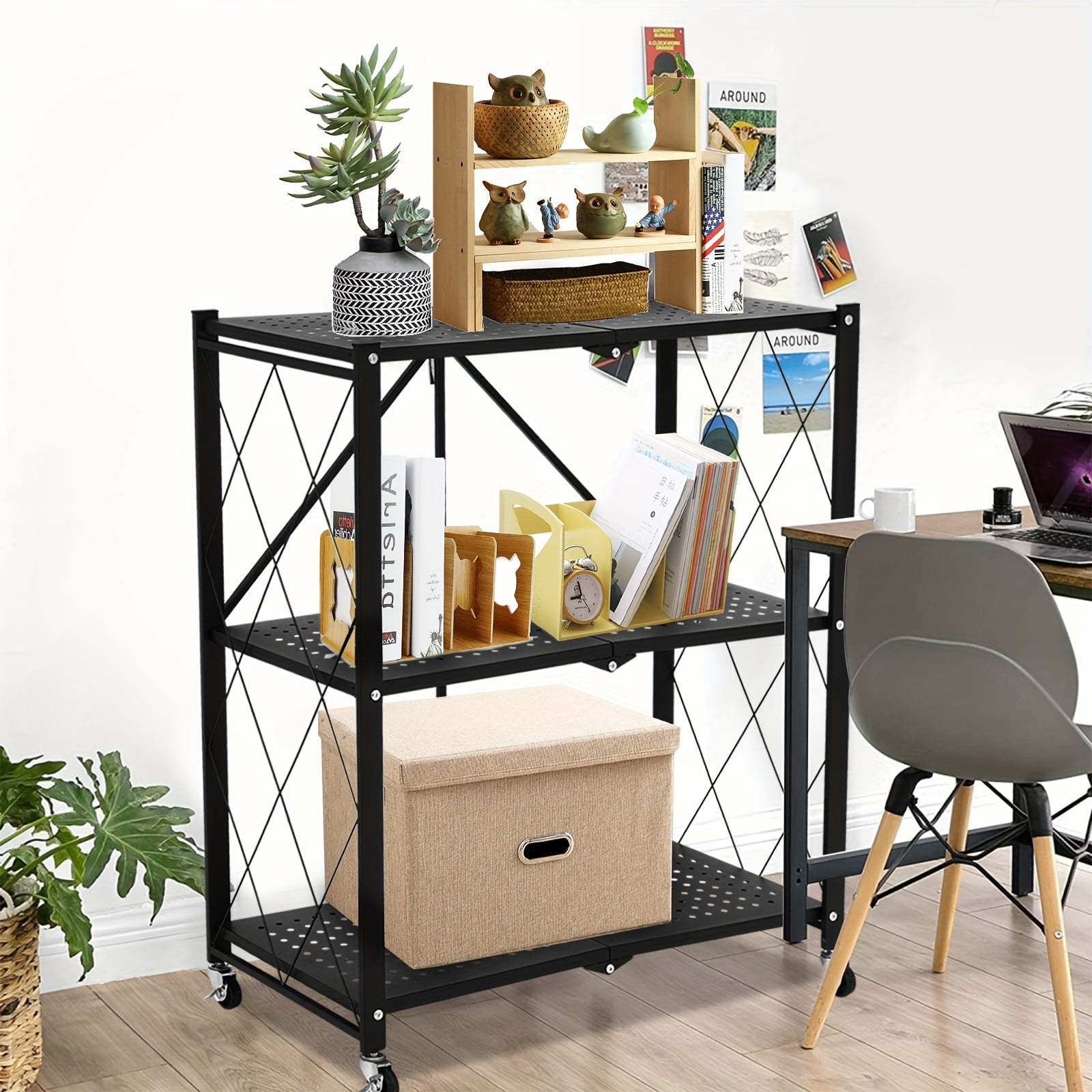 1PCS 3-Tier Heavy Duty Foldable Metal Rack Storage Rack With Wheels ...