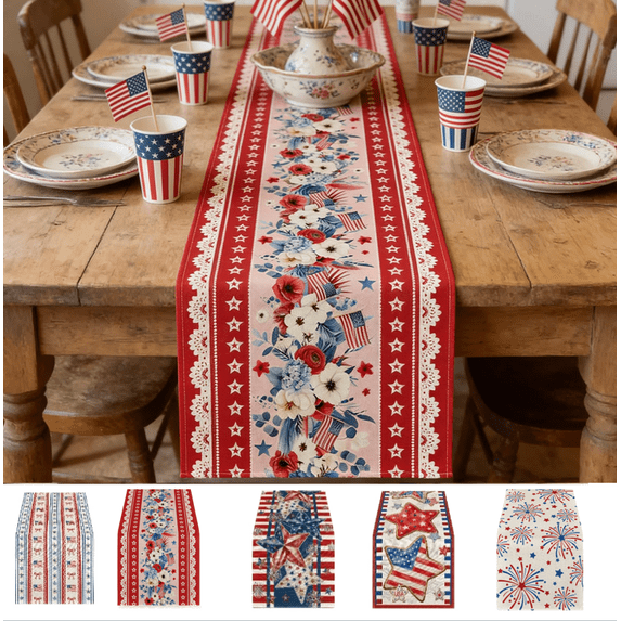 1PCS 4th of July Patriotic Table Runner, Linen Red White Blue ...