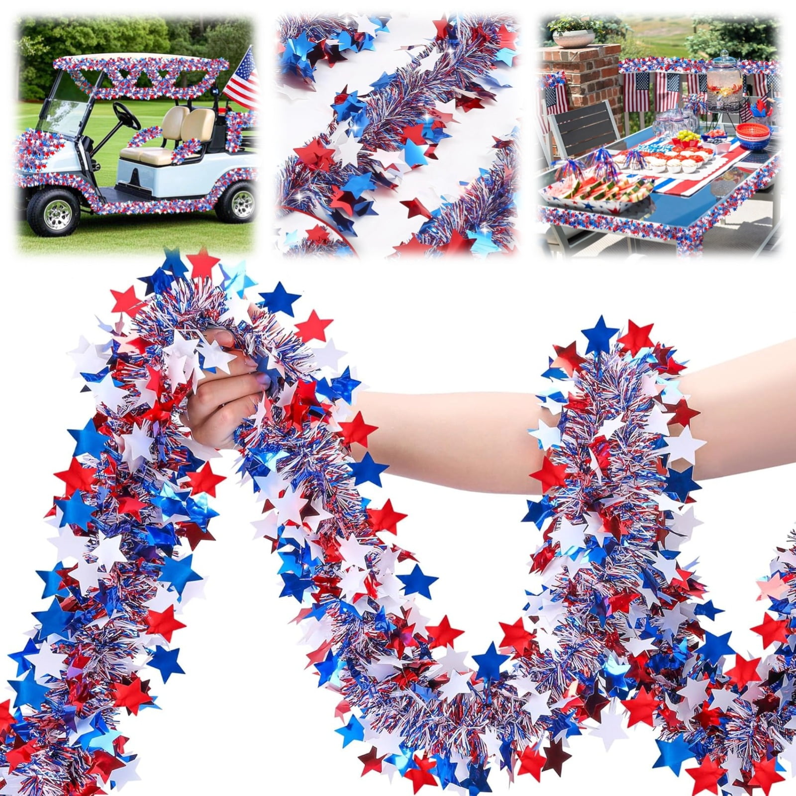 1PCS 79in Patriotic Garland with Stars - Red White Blue Shiny Tinsel ...