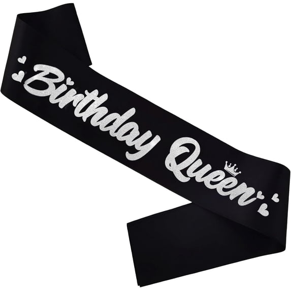 1PCS Birthday Queen Sash, Black Satin Sash with Silver Glitter ...