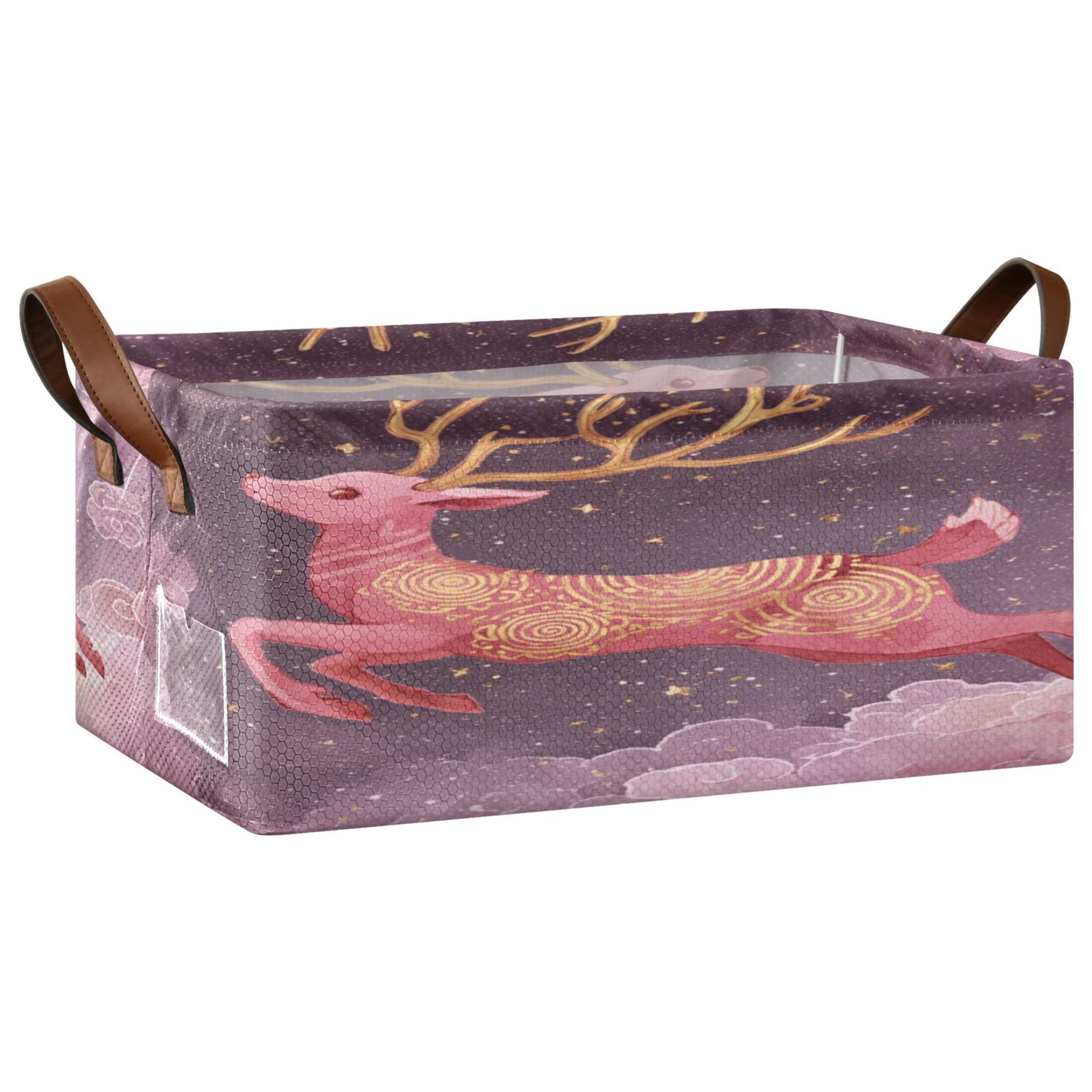 1PCS Fabric Storage Baskets with Iron Frame Foldable Storage Bins with Handles for Shelves Deer ...