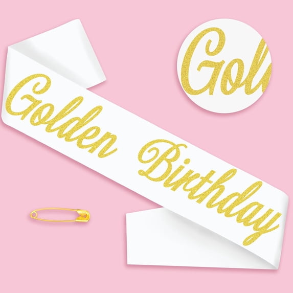 1PCS Golden Birthday Sash, White Satin Gold Glitter Script Milestone ...