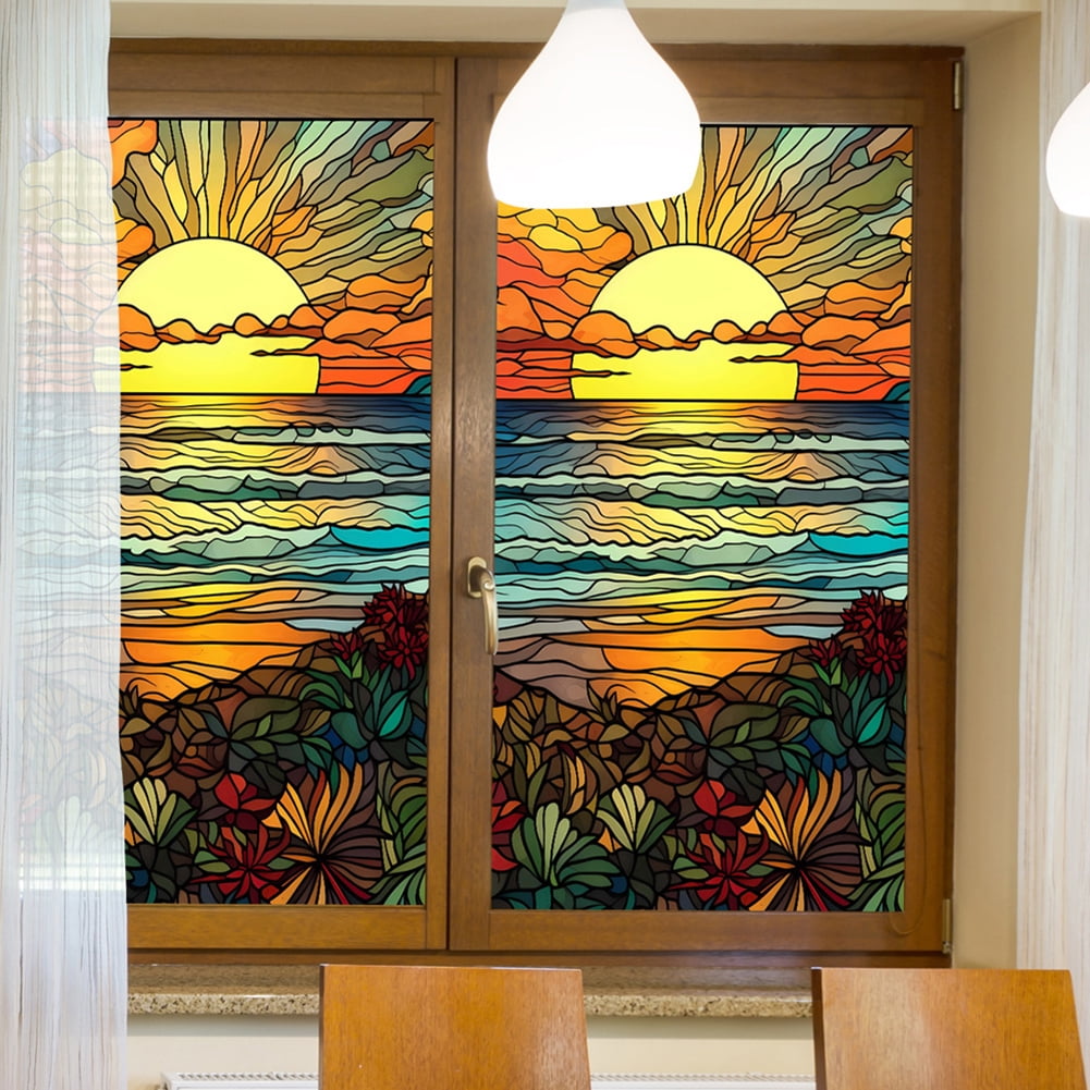 1PCS Stained Glass Window Film Protection Colorful Seaside Sun Static ...