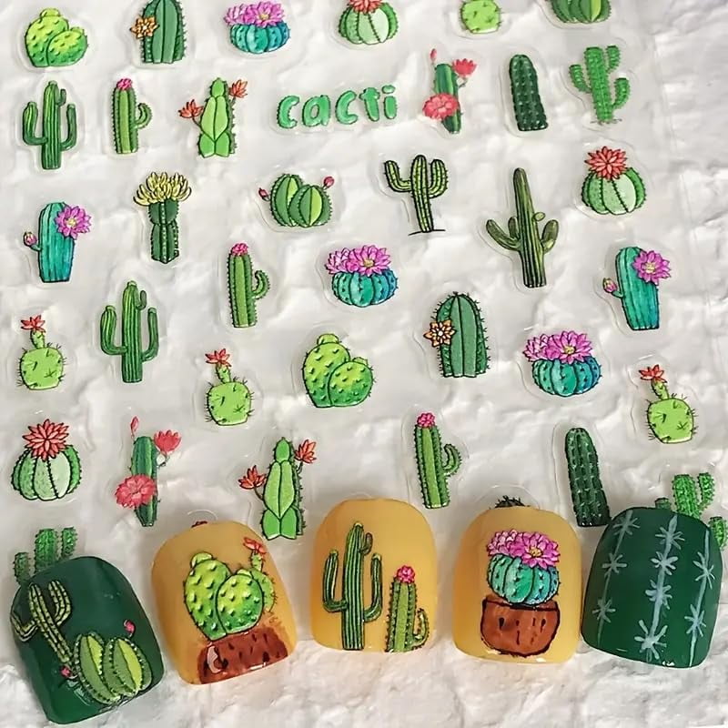 1PCS Summer Nail Art Stickers 3D Embossed Cactus Balls Nail Stickers ...