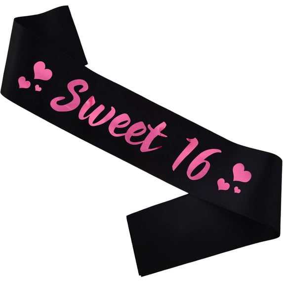 1PCS Sweet 16 Sash, Black Satin Sash with Pink Foil Lettering & Hearts ...