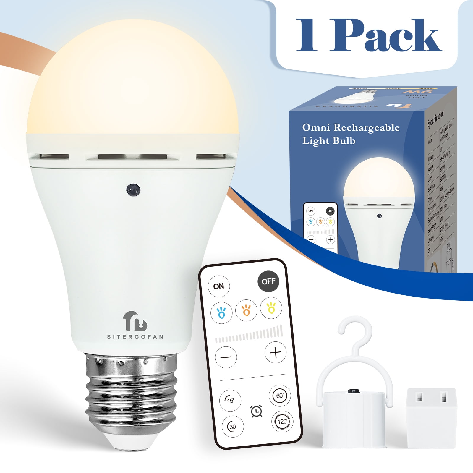 1PK Rechargeable Light Bulb with Remote Control, 9W E26 LED Battery ...