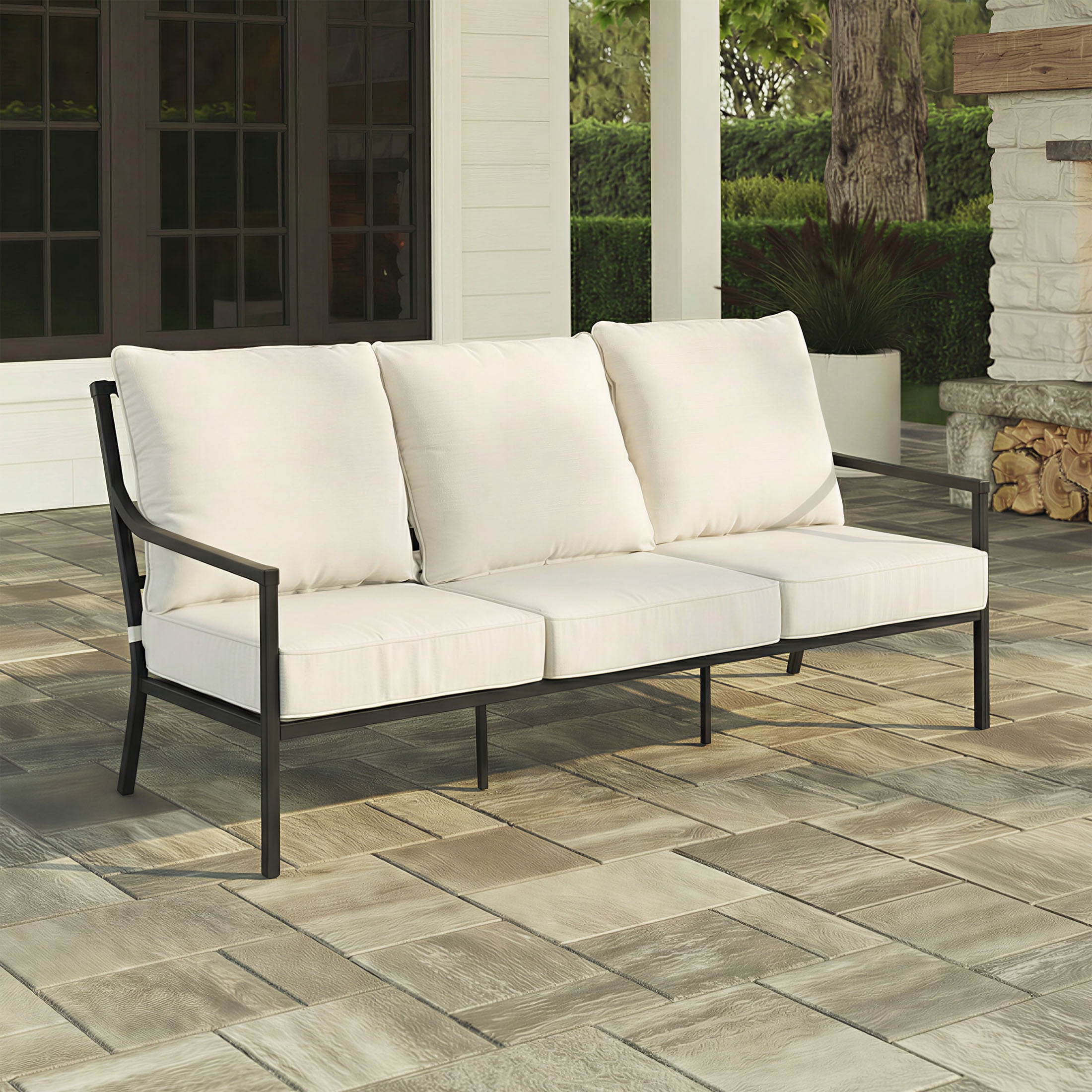 My Texas House Cambria X-Back Outdoor Steel Sofa with Cushions, Black ...