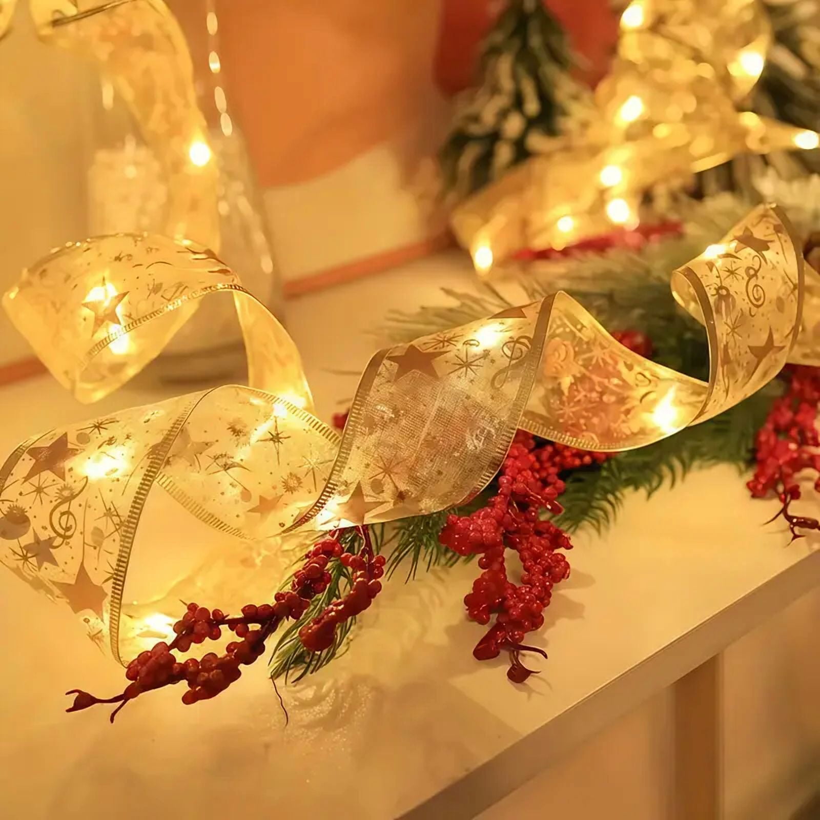 1Pack, 32.7Ft Christmas Golden Ribbon with 100 Warm White LED Beads, 2 ...