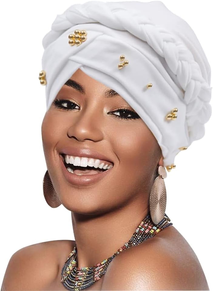 1Pack African Women Turban Cap Twisted Beaded Braid Head Wraps Pre-Tied ...