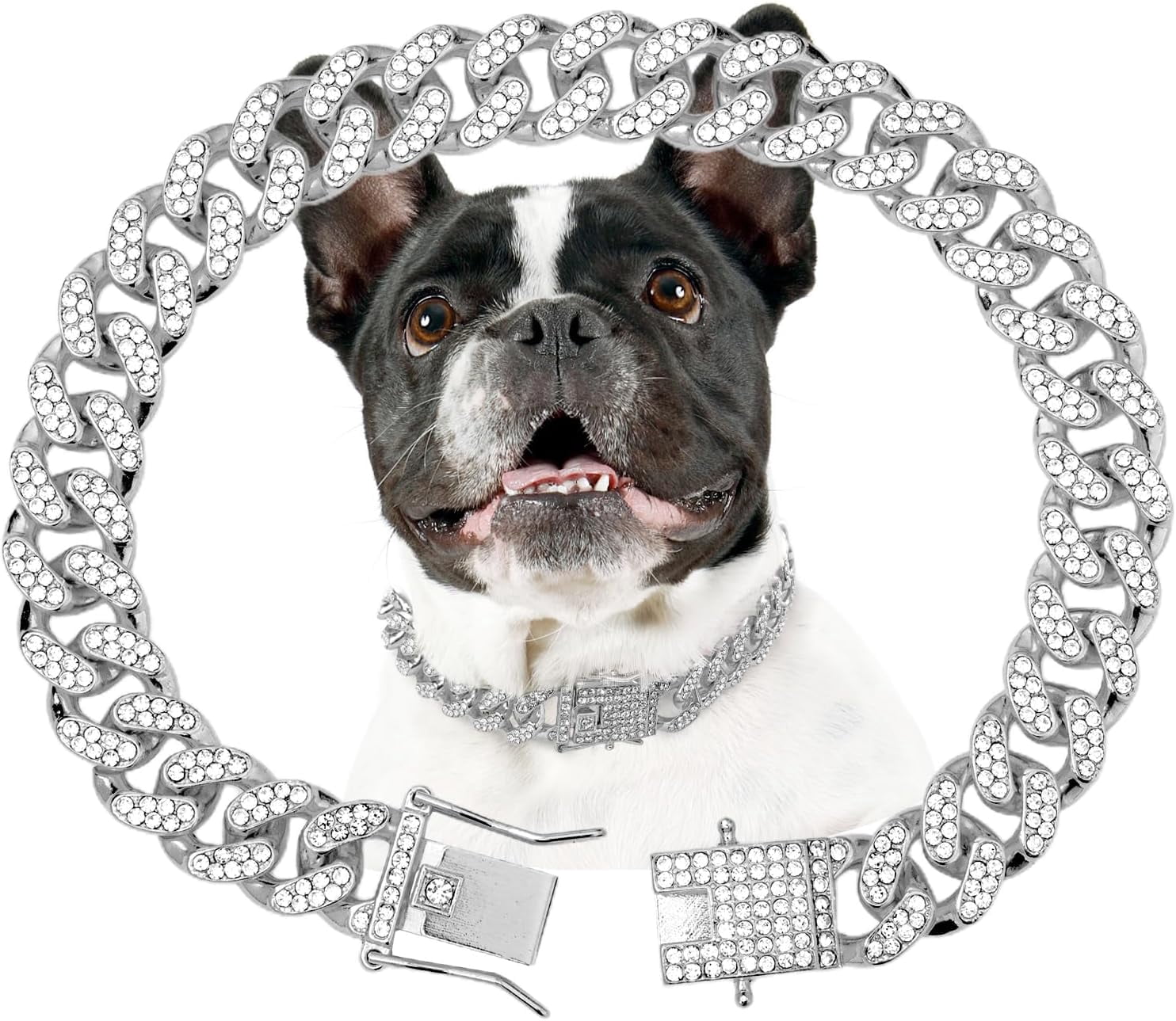 1Pack Dog Chain Collar Silver Dog Necklace Diamond Cuban Link Dog ...