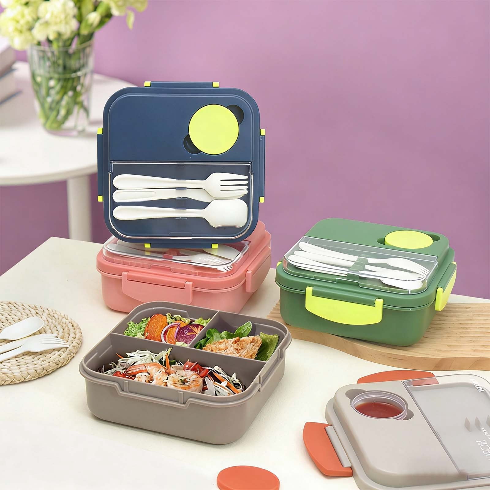 1Pack Square Bento Lunch Box, 1400ML 3 Compartments Meal Prep Container ...