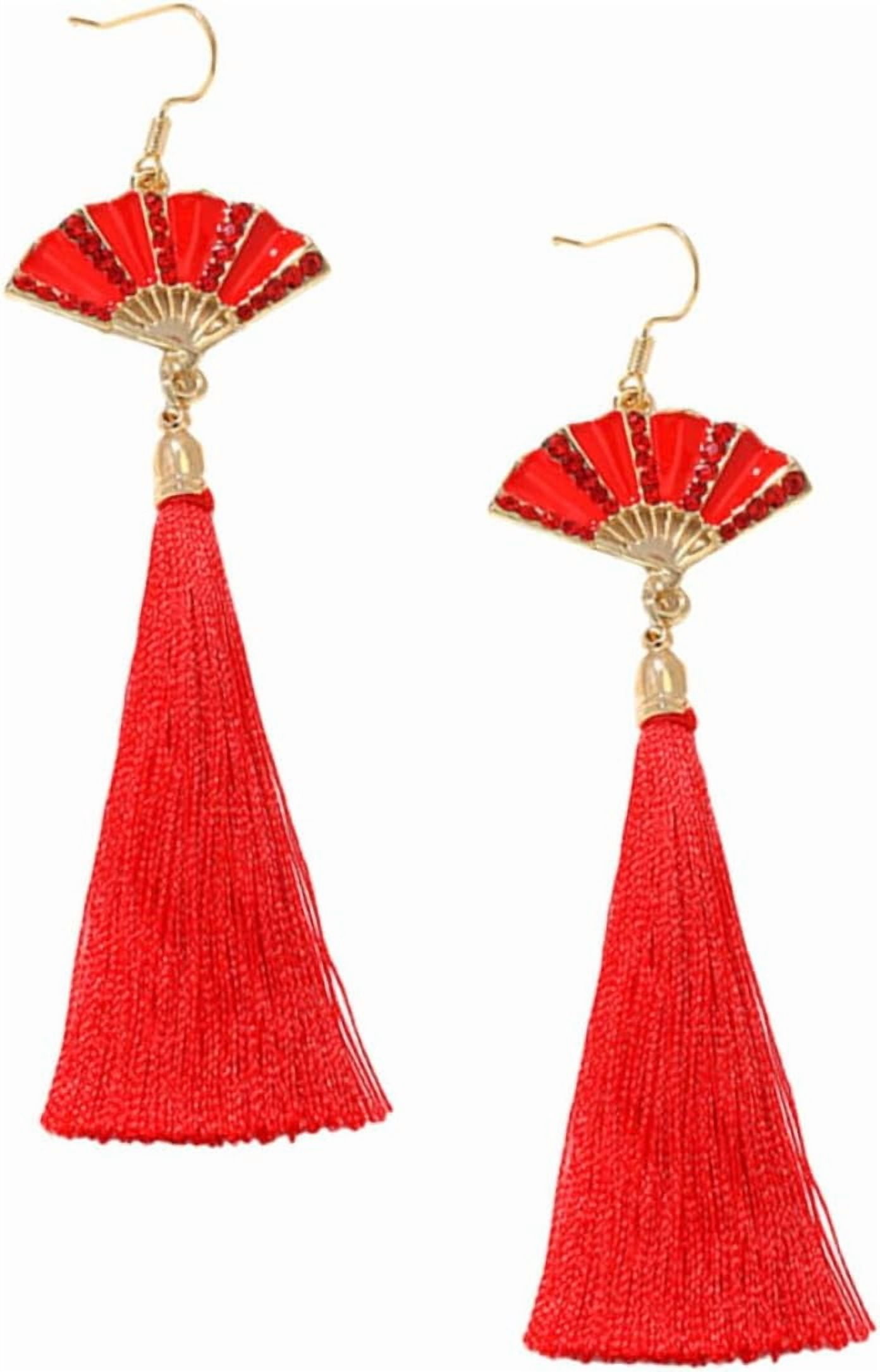1Pair Elegant Red Fan Earrings for Women Festive Ear Studs Charming ...