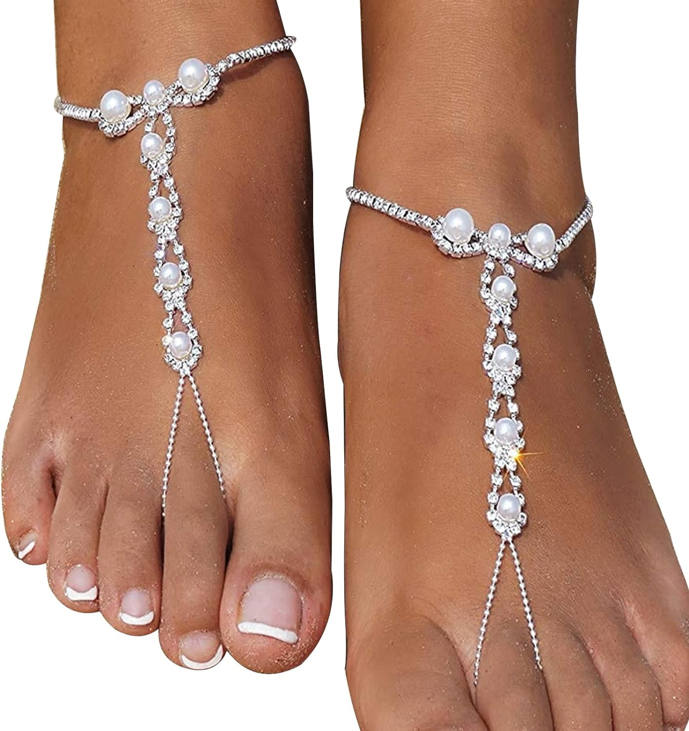1Pair Summer Beach Rhinestone Pearl Barefoot Sandals Foot Chain With ...