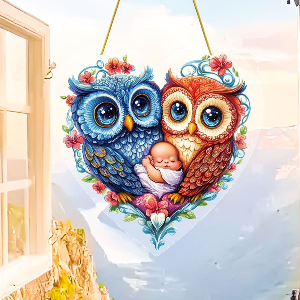 1Pc 2D Flat Acrylic, ‘Owl Keeping Baby Dreams’ suncatchers acrylic ...