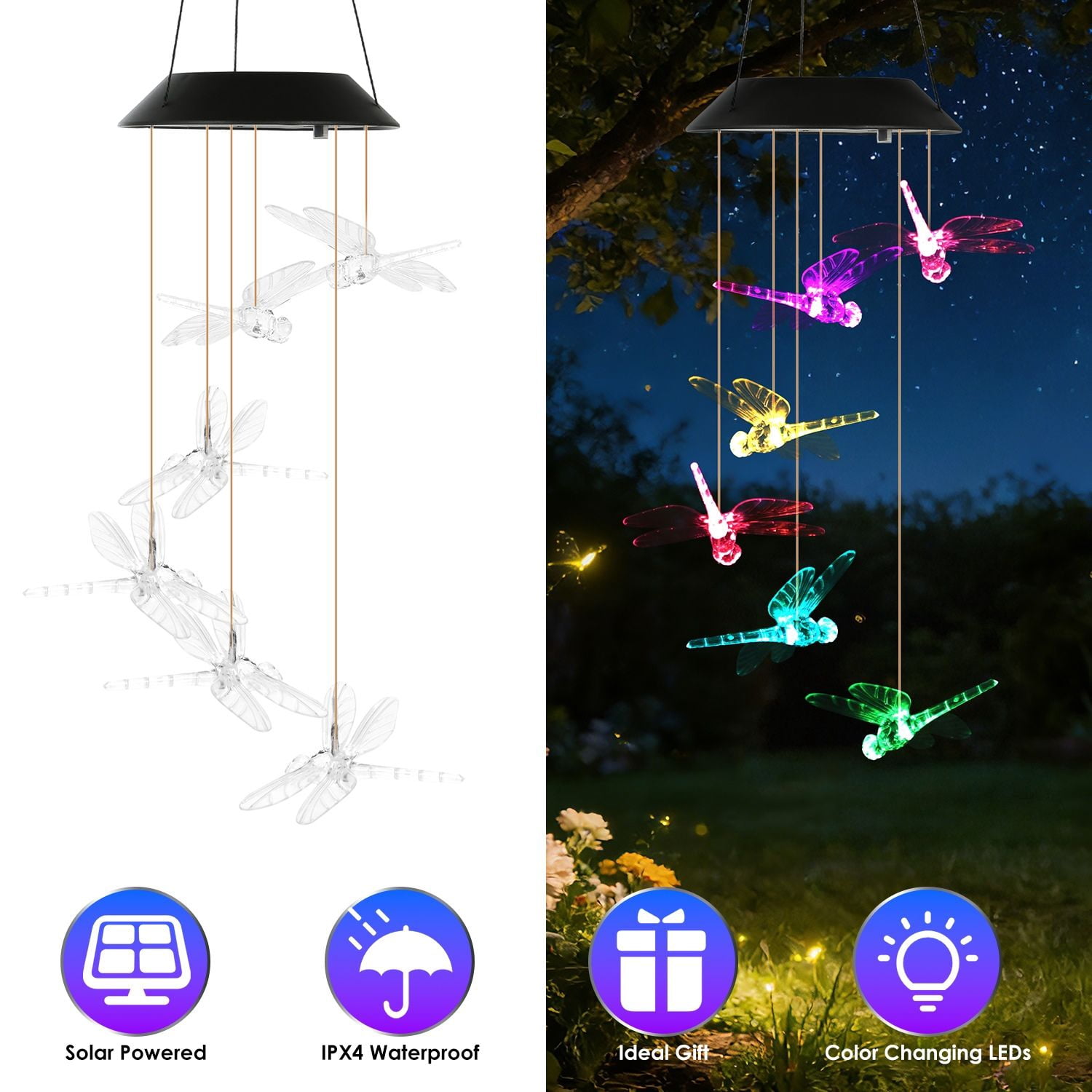 1Pc / 2Pcs Options -- Solar Dragonfly Wind Chimes 7 Color Changing Wind ...