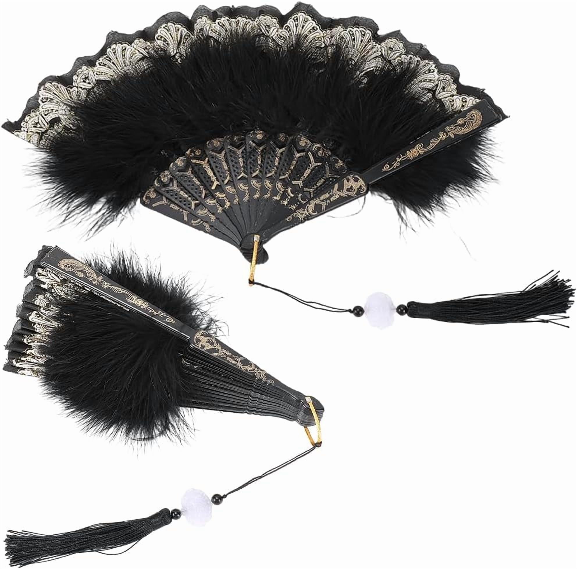 1Pc Black Folding Hand Fans Feather with Polyester Tassels Vintage ...