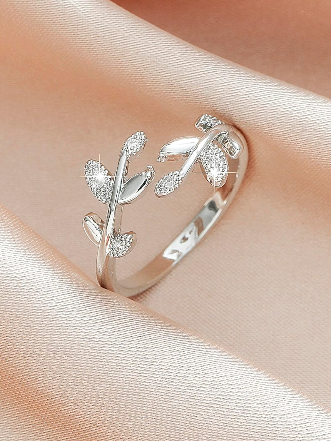 1Pc Brass Rhinestones Cuff Rings for Women Leaf Platinum Inner Diameter ...