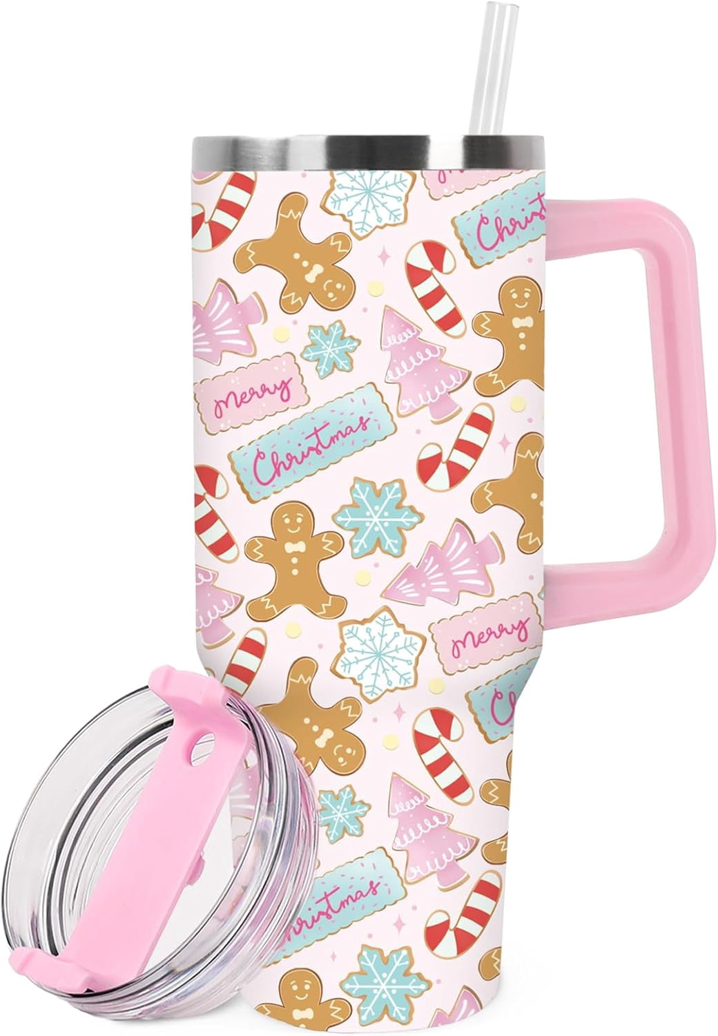 1Pc Christmas Tumbler with Handle Lid Straw 40oz Pink Xmas Tree ...