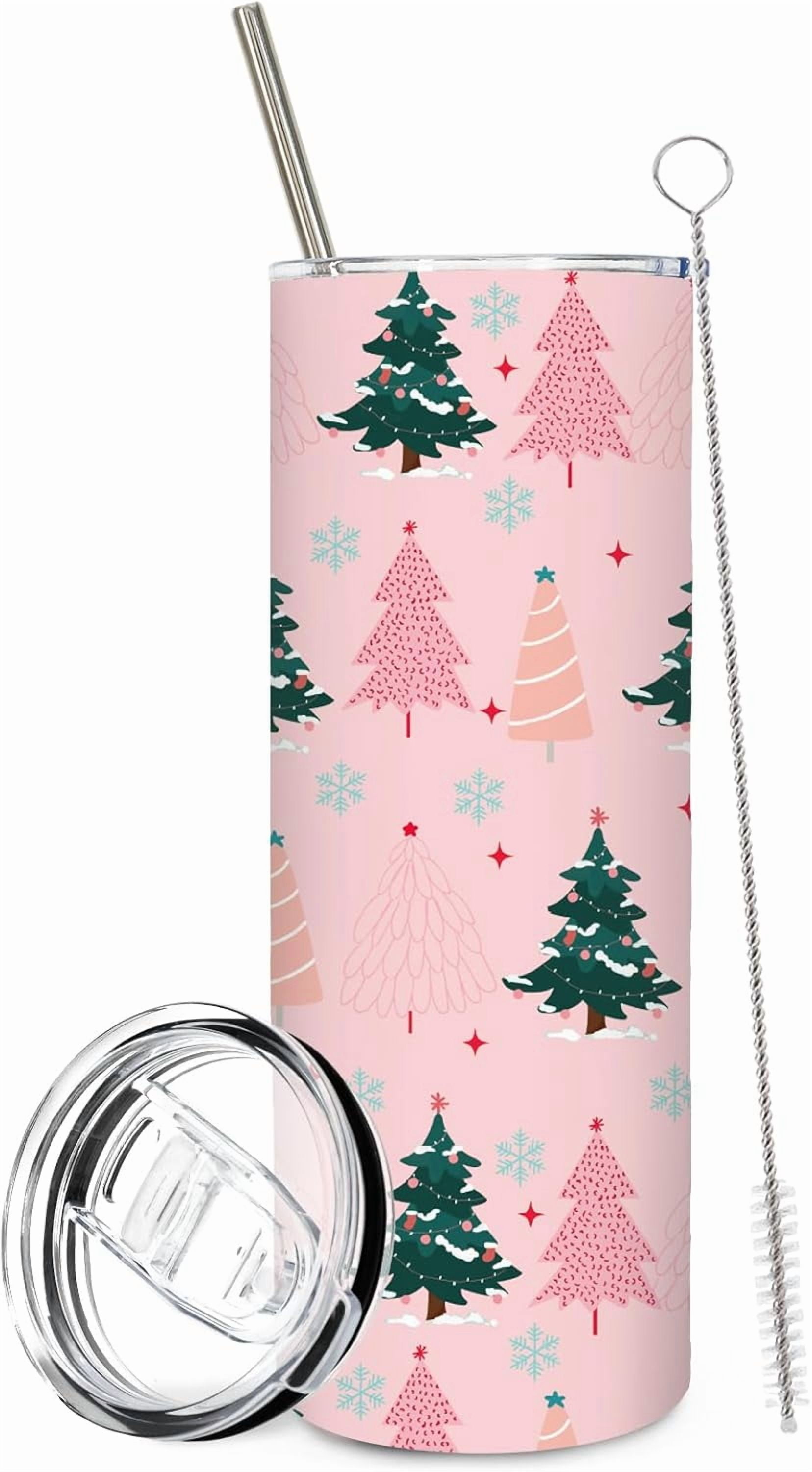 1Pc Christmas Tumbler with Lid Straw 20oz Pink Cartoon Forest Trees Stainless Steel Travel ...