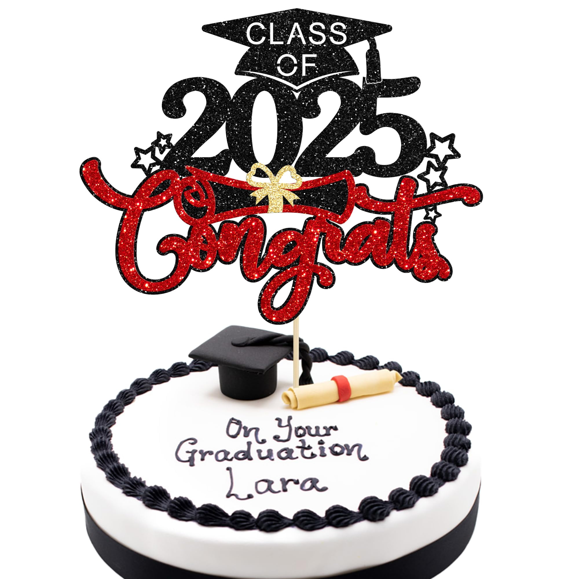 1Pc Congrats Grad 2025 Cake Topper BSL1 Red Glitter Graduation Cap Cake ...
