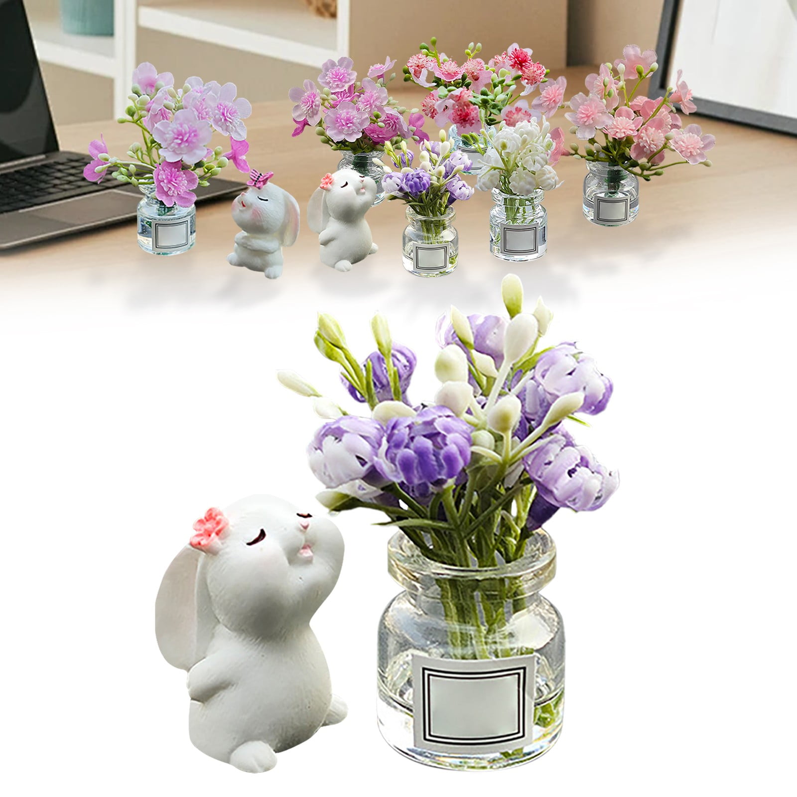 1Pc Cute Mini Bunny And Peach Blossom In Flower Vase Car Rearview ...