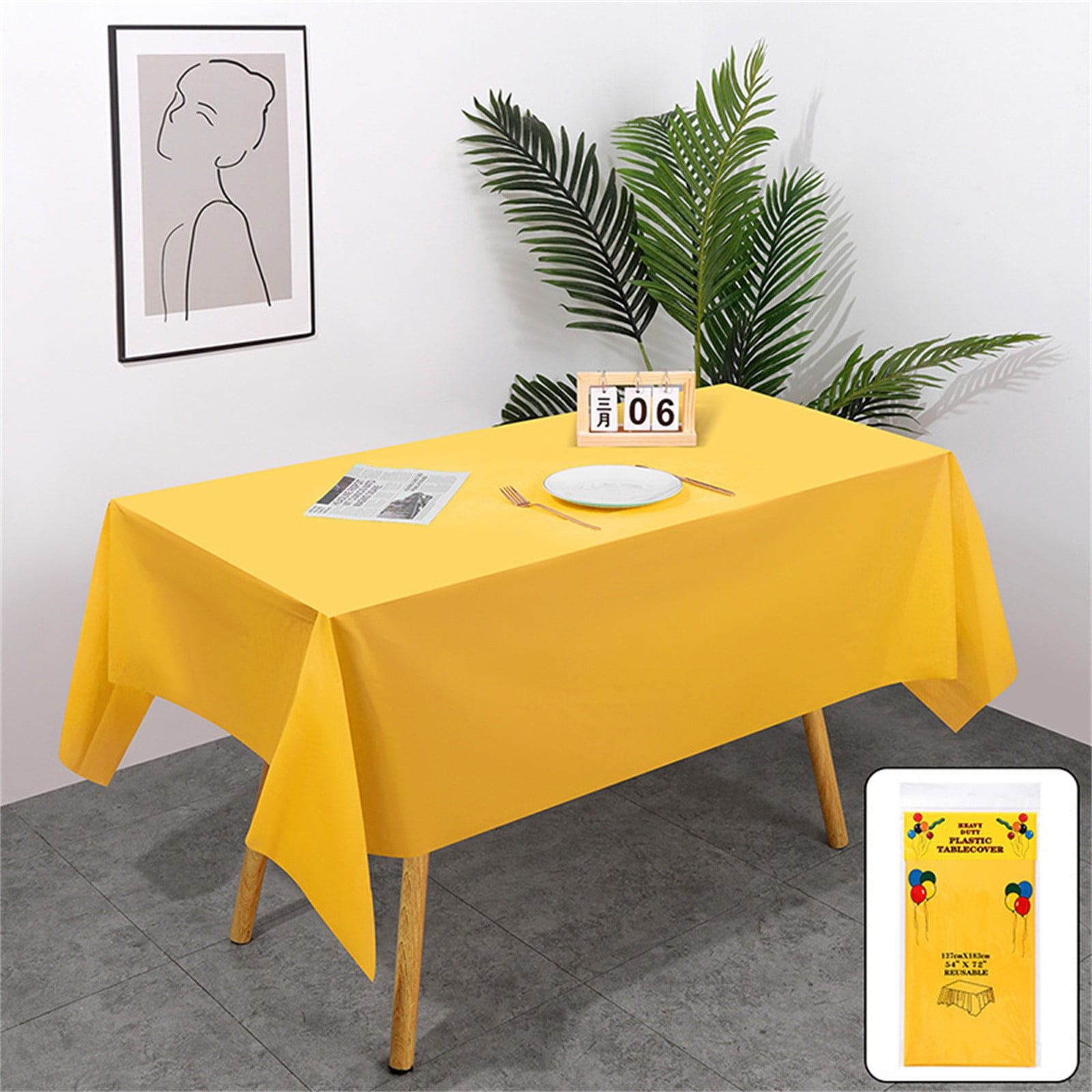 1Pc Disposable Peva Tablecloth, Thickened Yellow Rectangular Table ...