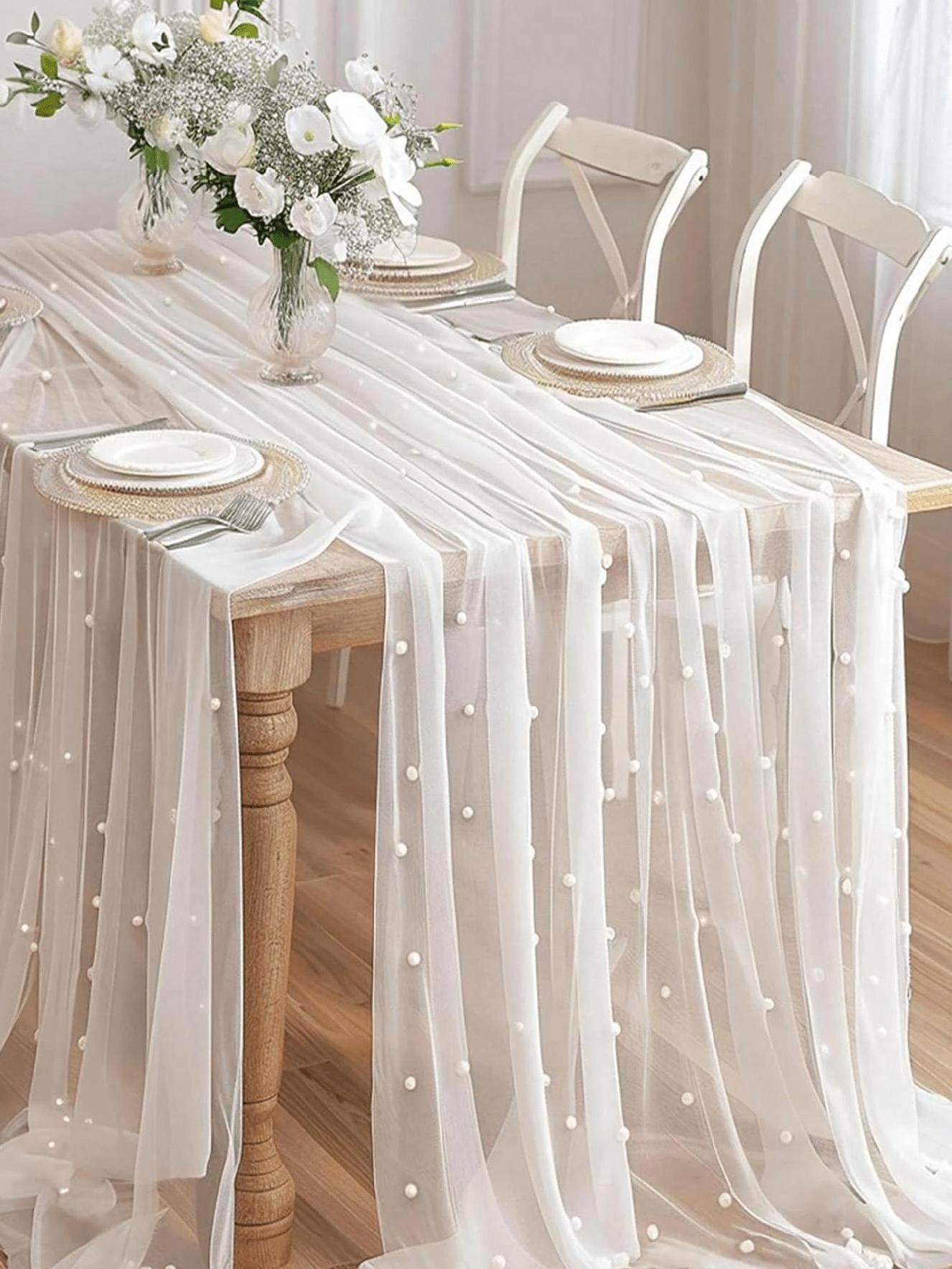 1Pc Faux Pearl Table Runner Wedding White Tulle Tablecloth Decor Party ...