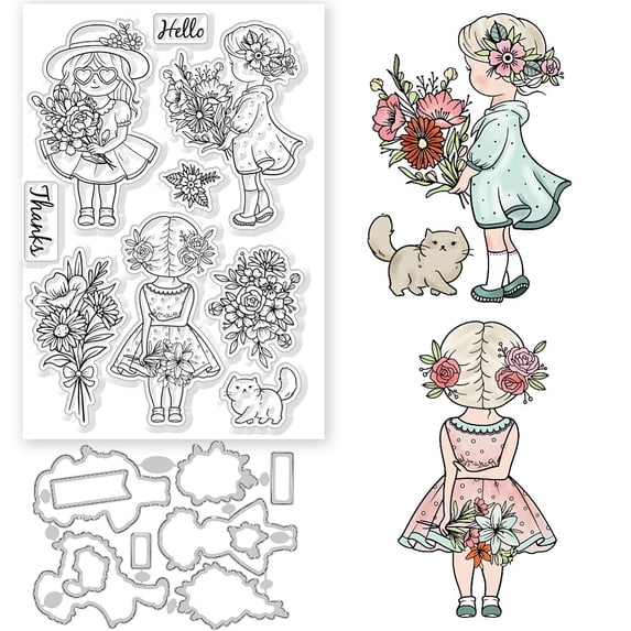 1Pc Flower and Girl PVC Clear Stamps with 1Pc Carbon Steel Cutting Dies ...