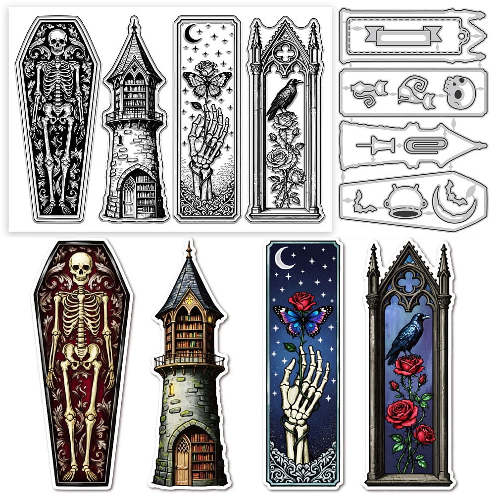1Pc Gothic Bookmark PVC Clear Stamps with 1Pc Carbon Steel Cutting Dies ...