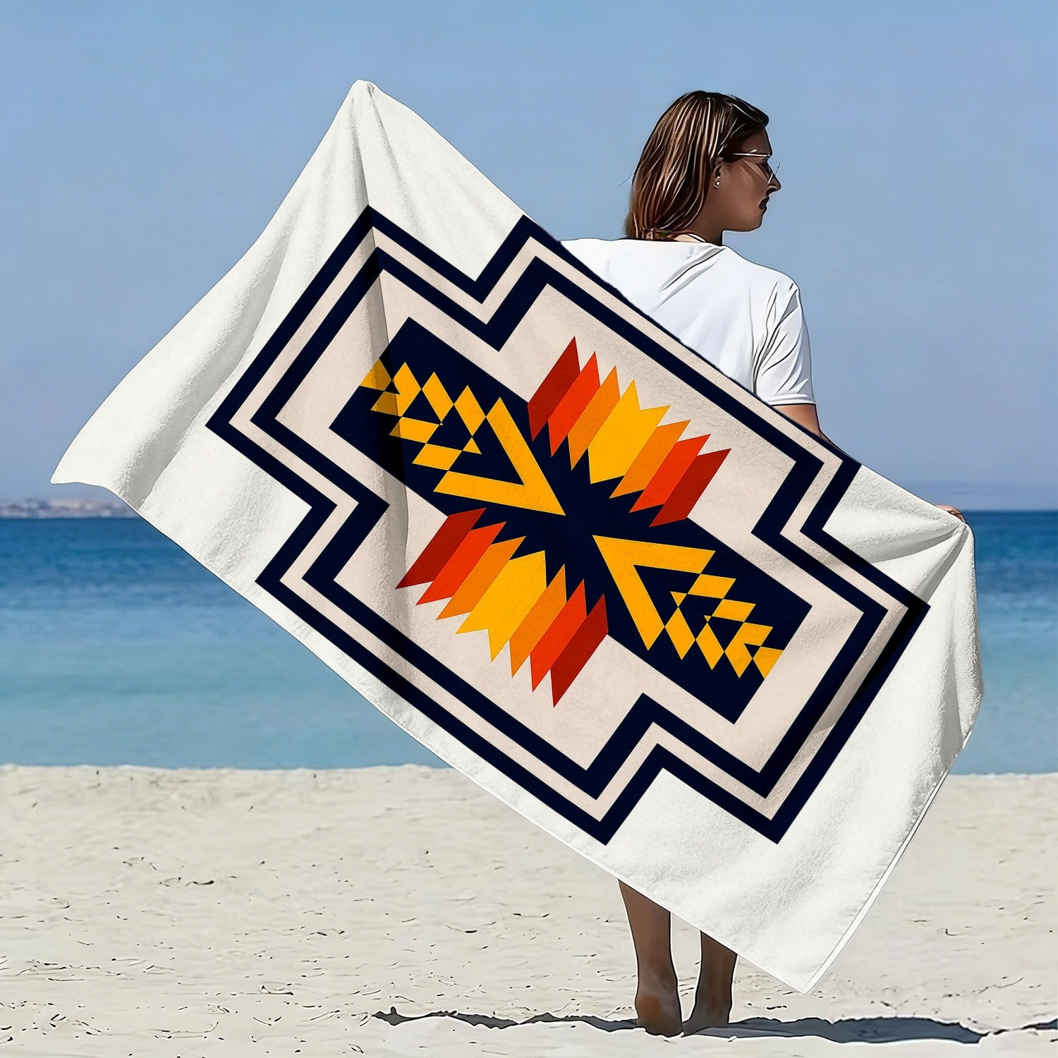 1Pc, Indian style oversized soft beach towel, geometric cross print ...