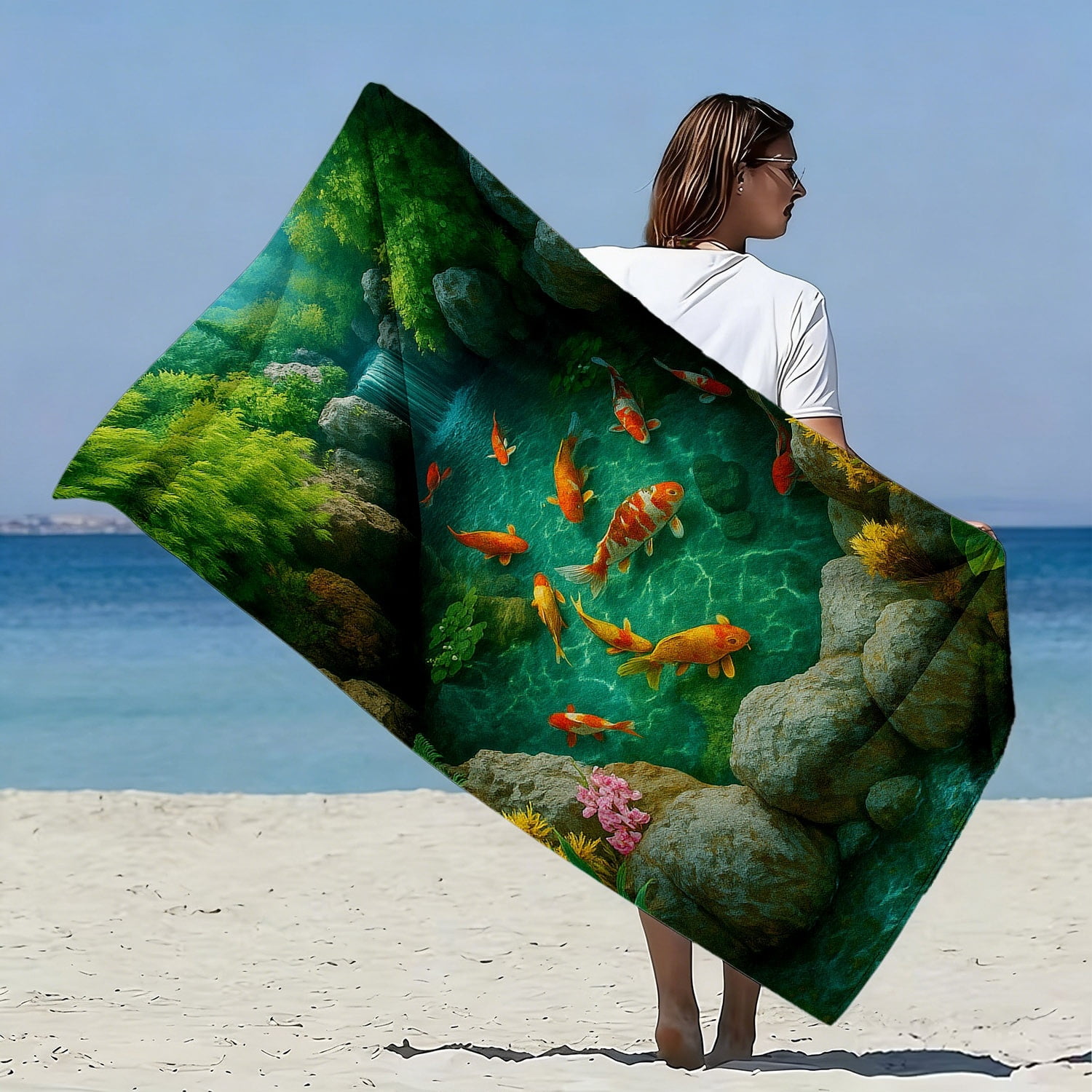 1Pc, Japanese pond koi style oversized soft beach towel, koi and green ...