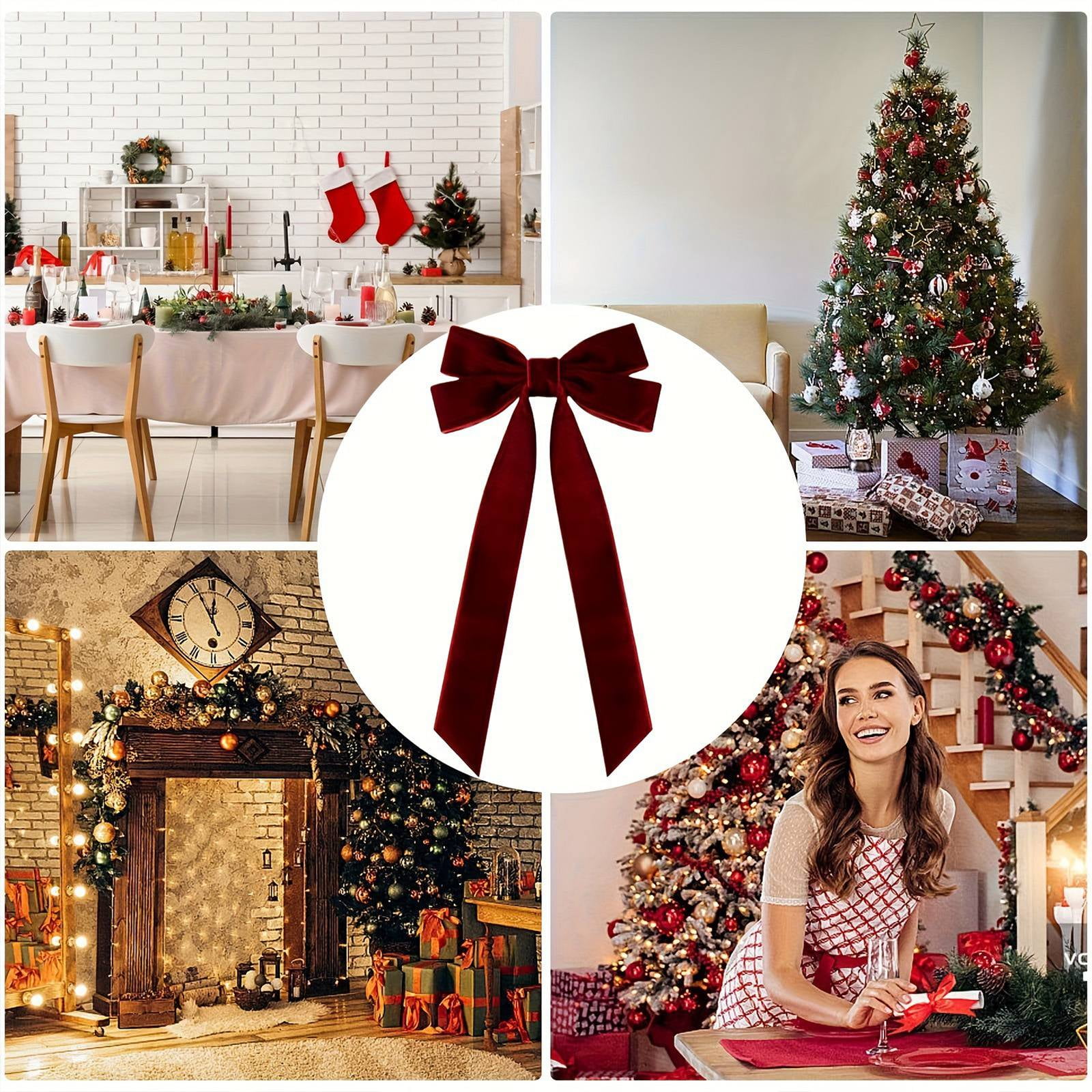 1Pc Large Velvet Christmas Tree Bows, 10in x 5in Premade Vintage Ribbon Tree Topper Bows ...