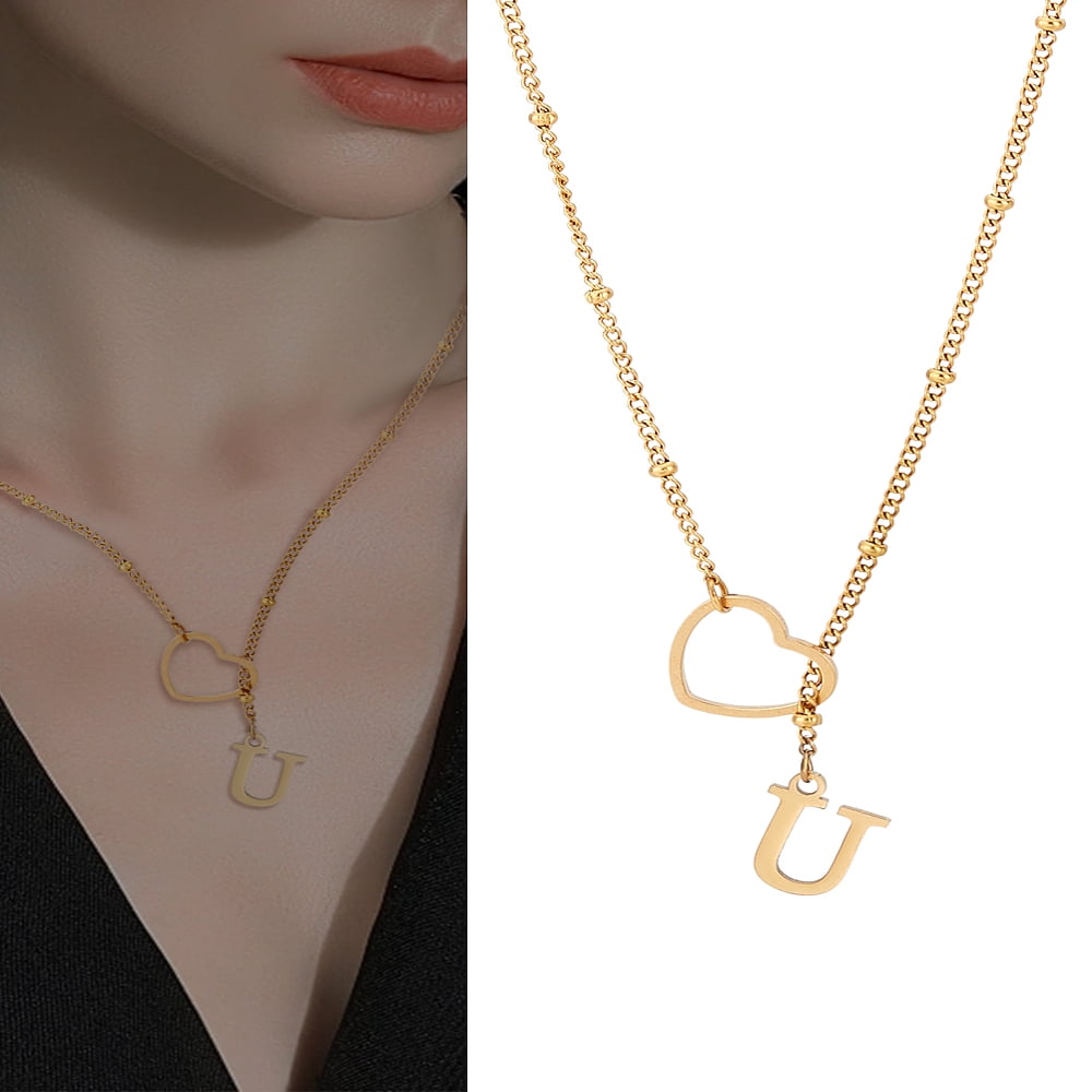 1Pc Letter Heart Stainless Steel Lariat Necklaces for Women Golden ...
