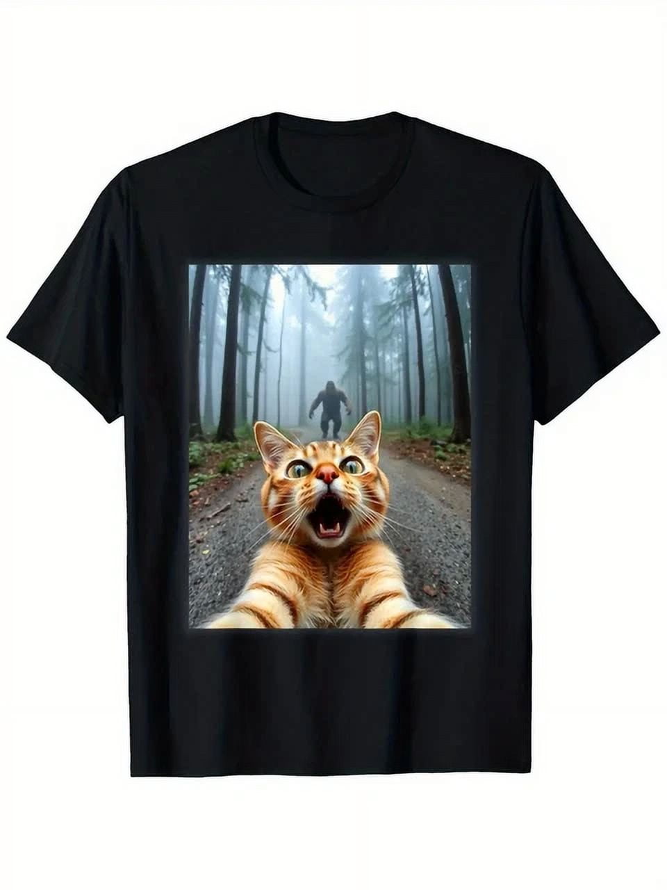 1Pc Men'S Cat Selfie & Sasquatch Graphic Tee, Cotton Crew Neck T-Shir ...