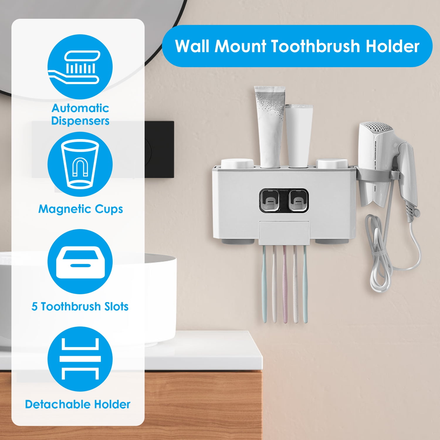 1Pc Multifunctional Wall Mount Toothbrush Holder Rack Organizer With ...
