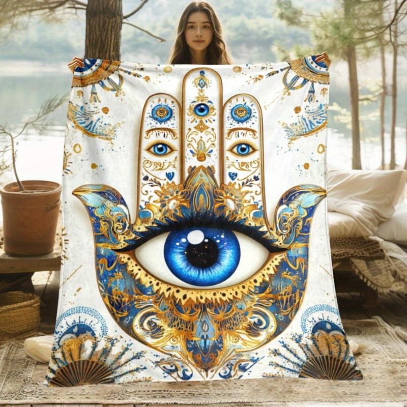 1Pc Mystic Eye Hamsa Hand Evil Eye Flannel Throw Blanket - Blue Gold ...