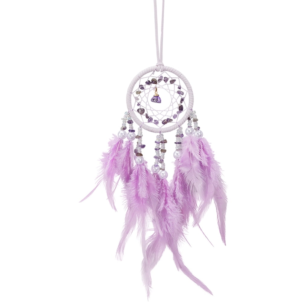 1Pc Natural Gemstone Chips Woven Net/Web with Feather Hanging Ornaments ...