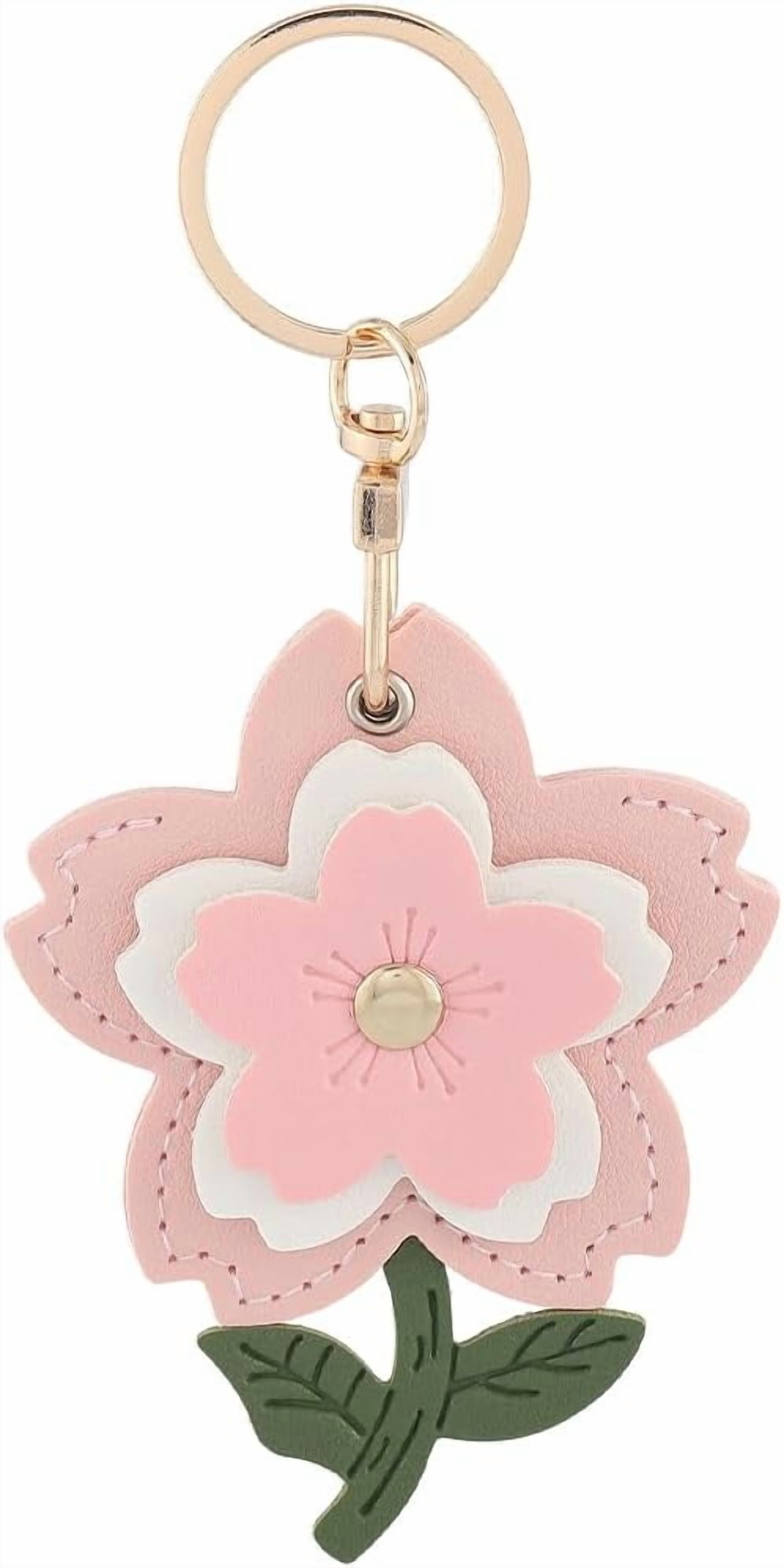 1Pc PU Imitation Leather Keychain with Alloy Rings Flower Misty Rose ...