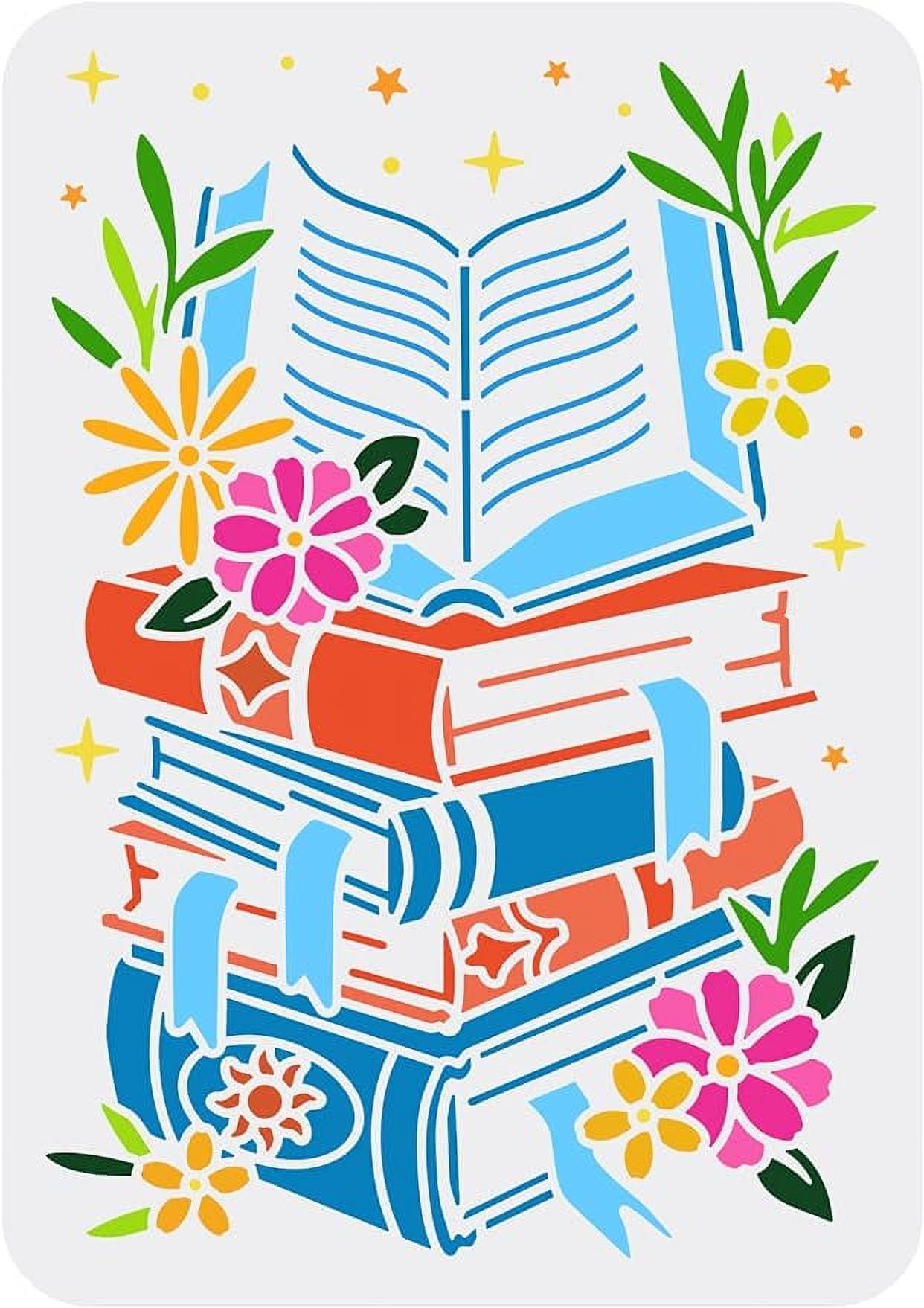1Pc Piled Books Painting Template Reusable Book & Flower Pattern ...