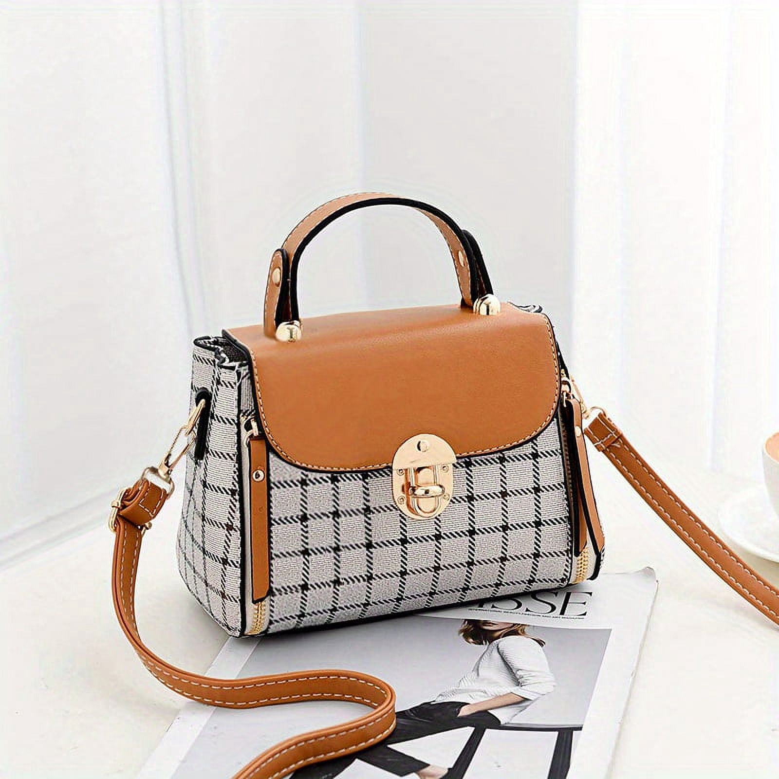 1Pc Plaid Pattern Portable Handbag, Faux Leather Flap Shoulder Bag ...