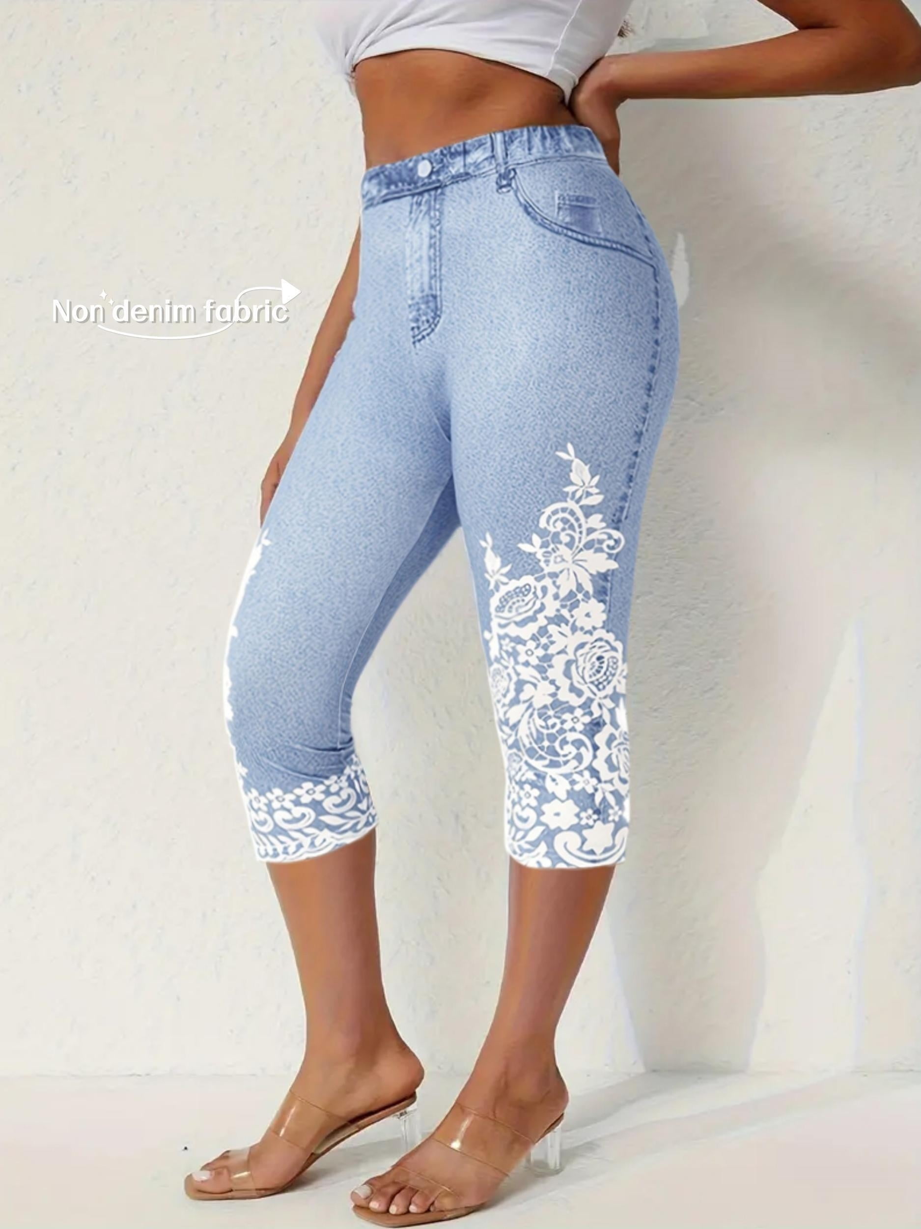 1Pc Plus Size Floral Print 3D Leggings, Skinny Fit Polyester Capris ...