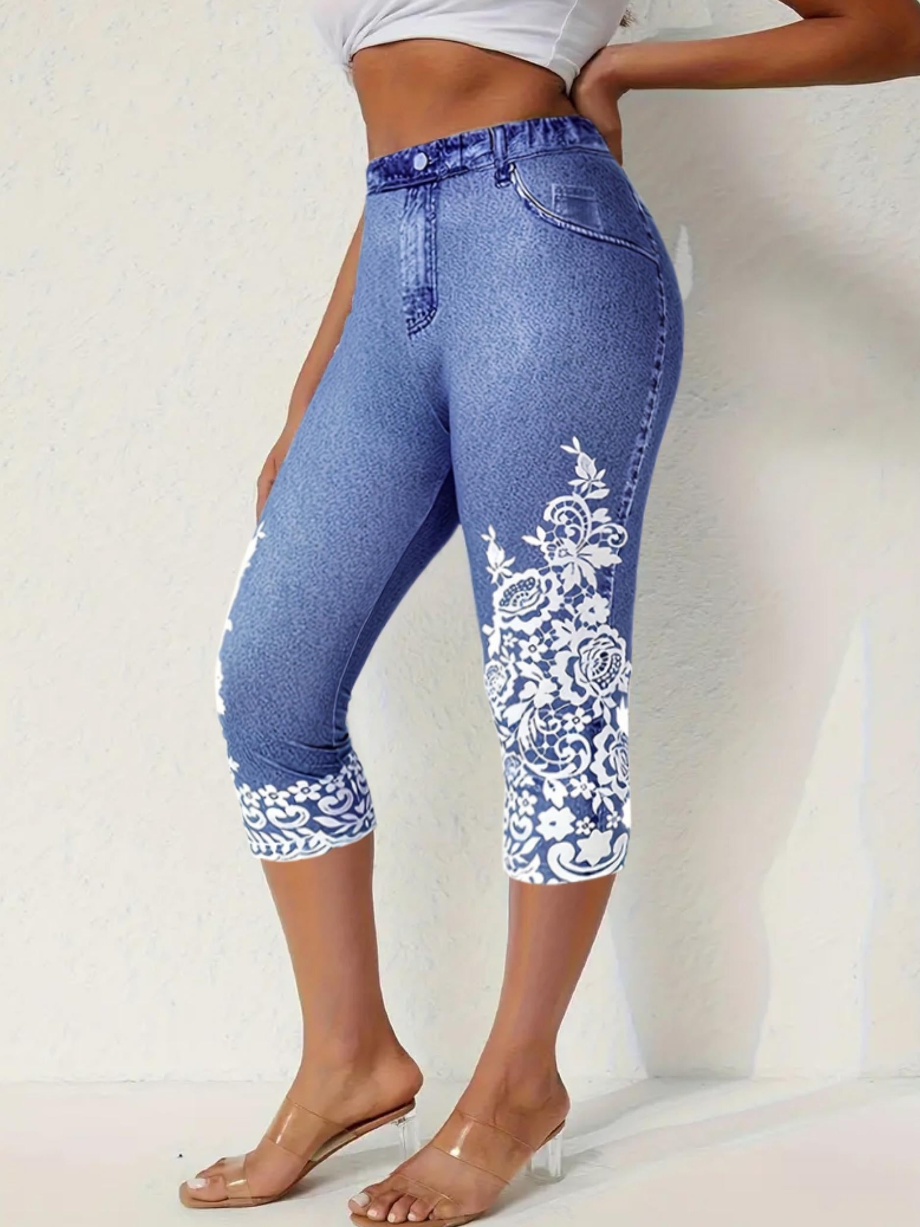 1Pc Plus Size Floral Print 3D Leggings, Skinny Fit Polyester Capris ...