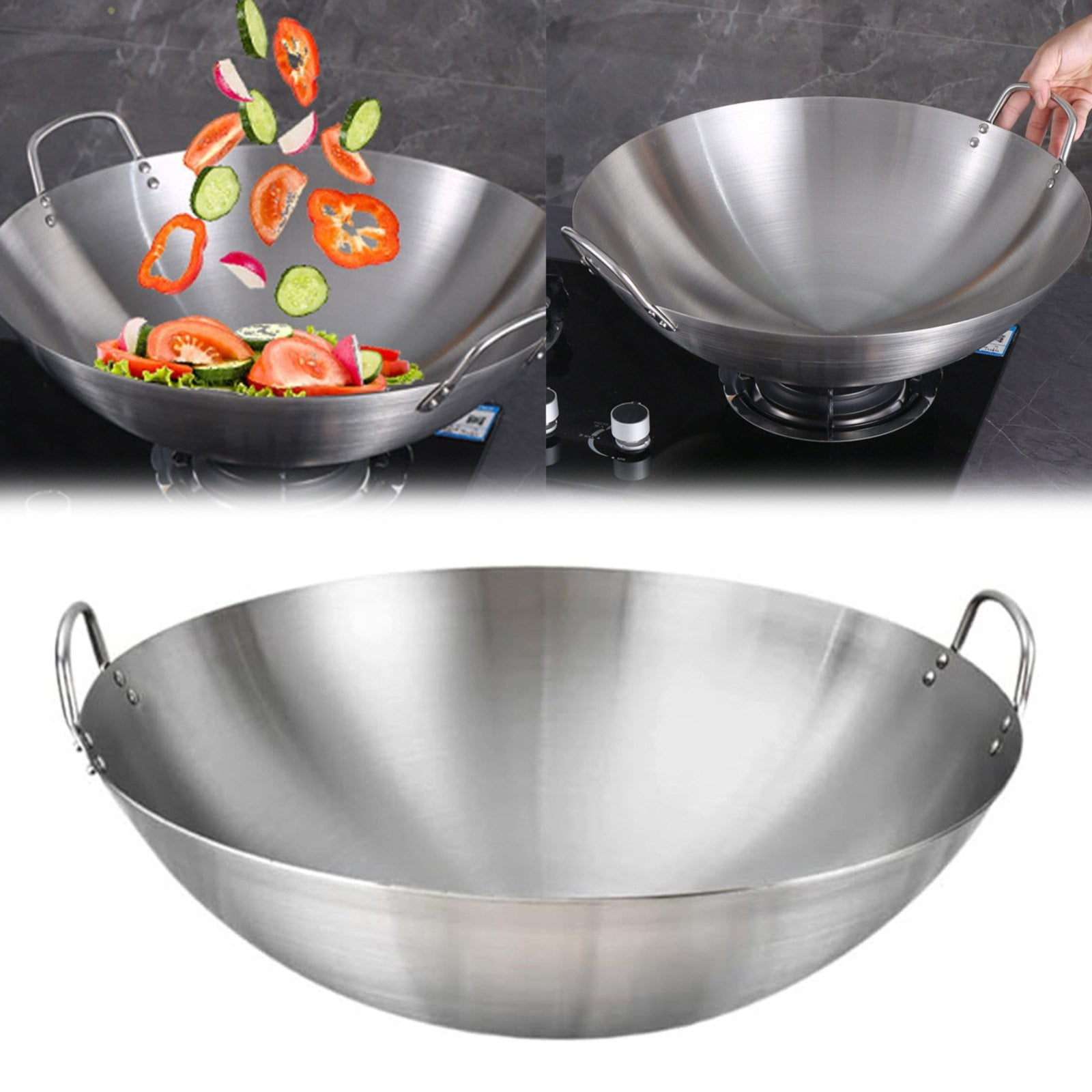 1Pc Polished Stainless Steel Wok,Stainless Round Bottom Wok With 2 Loop ...