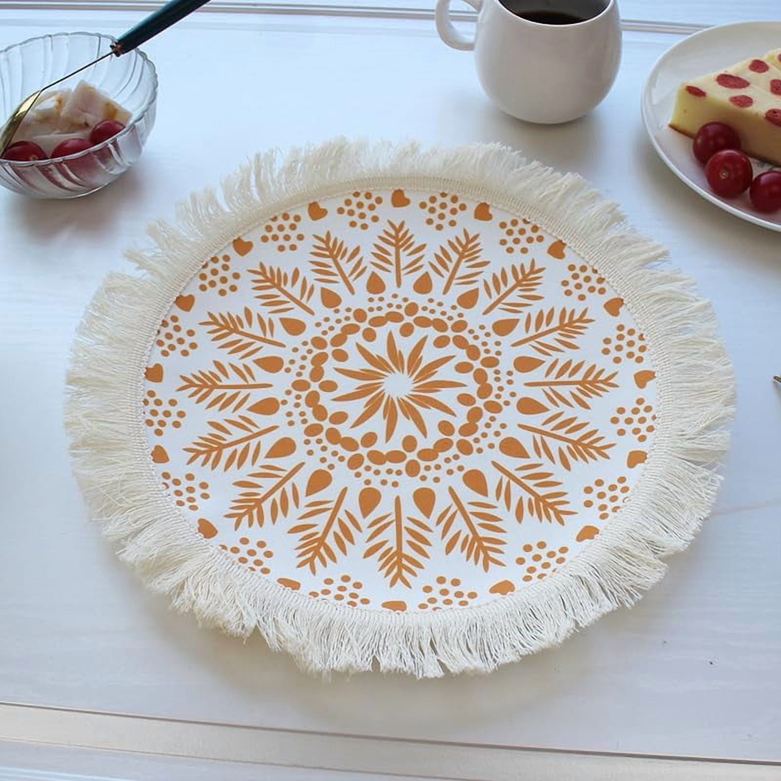 1Pc Polyester Coaster Mat Tassel Round Flower Pattern Sandy Brown 320mm ...