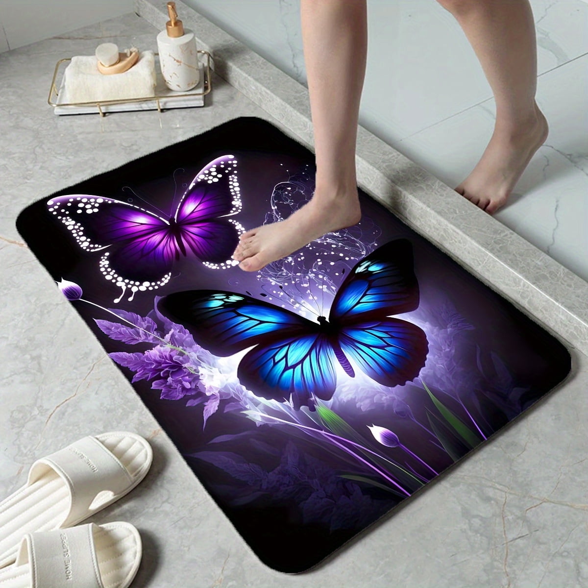 1Pc Purple Butterfly Pattern Bathroom Non-Slip Mat - Diatomaceous Earth ...