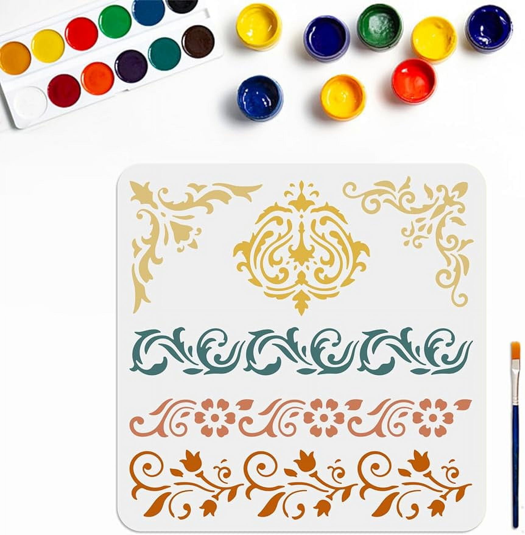 1Pc Retro Flower Border Stencils Ornate Border Stencil with Paint Brush ...