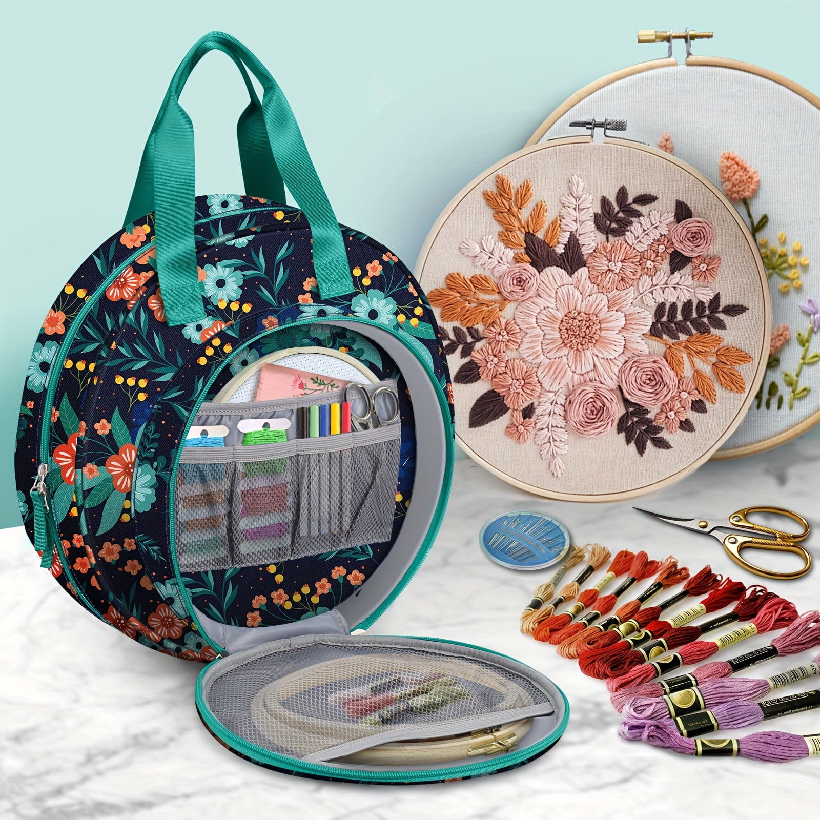 1Pc Round Embroidery Storage Bag - Multi-Pocket Carrying Tote for ...